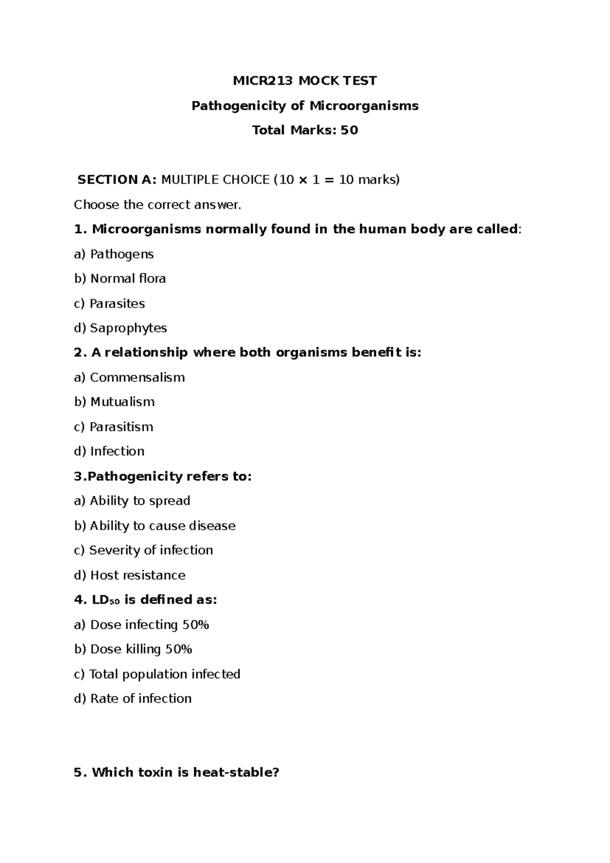 MICR213 MOCK TEST: Pathogenicity of Microorganisms Review - Studocu