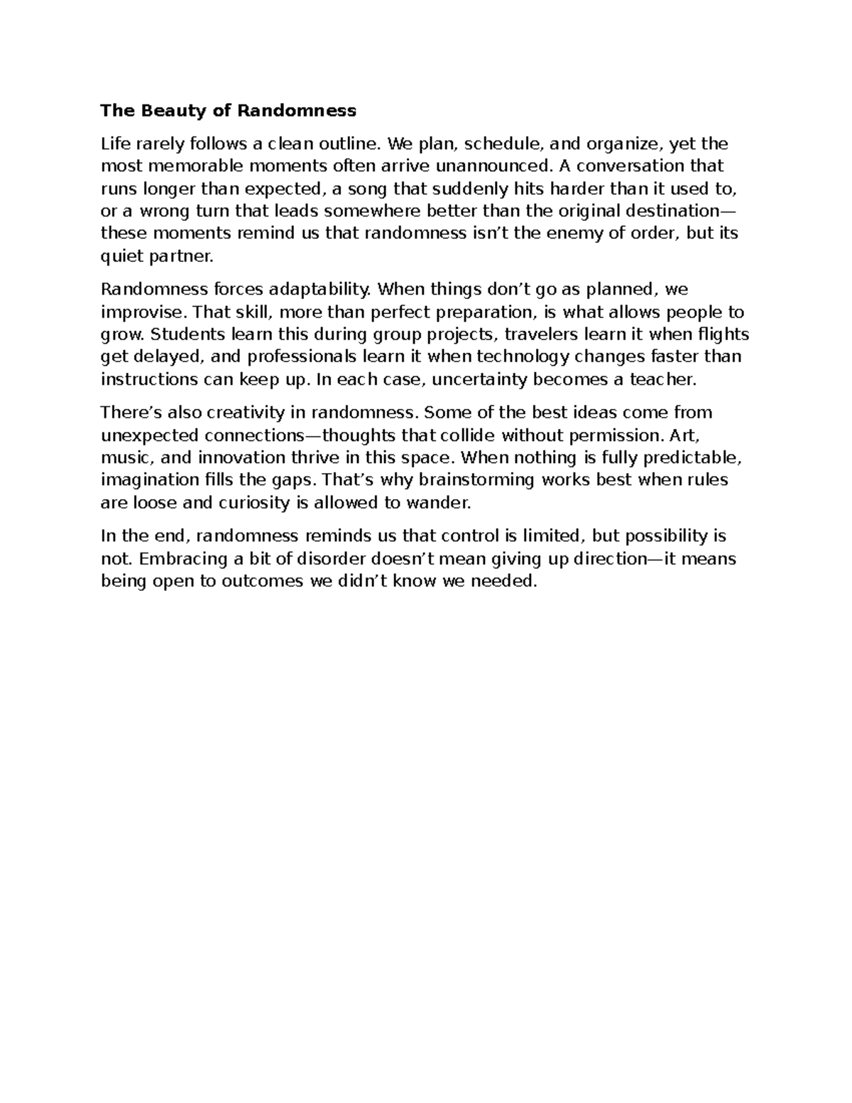 Randomness and Creativity: Embracing the Unexpected in Life - Essay 1 ...