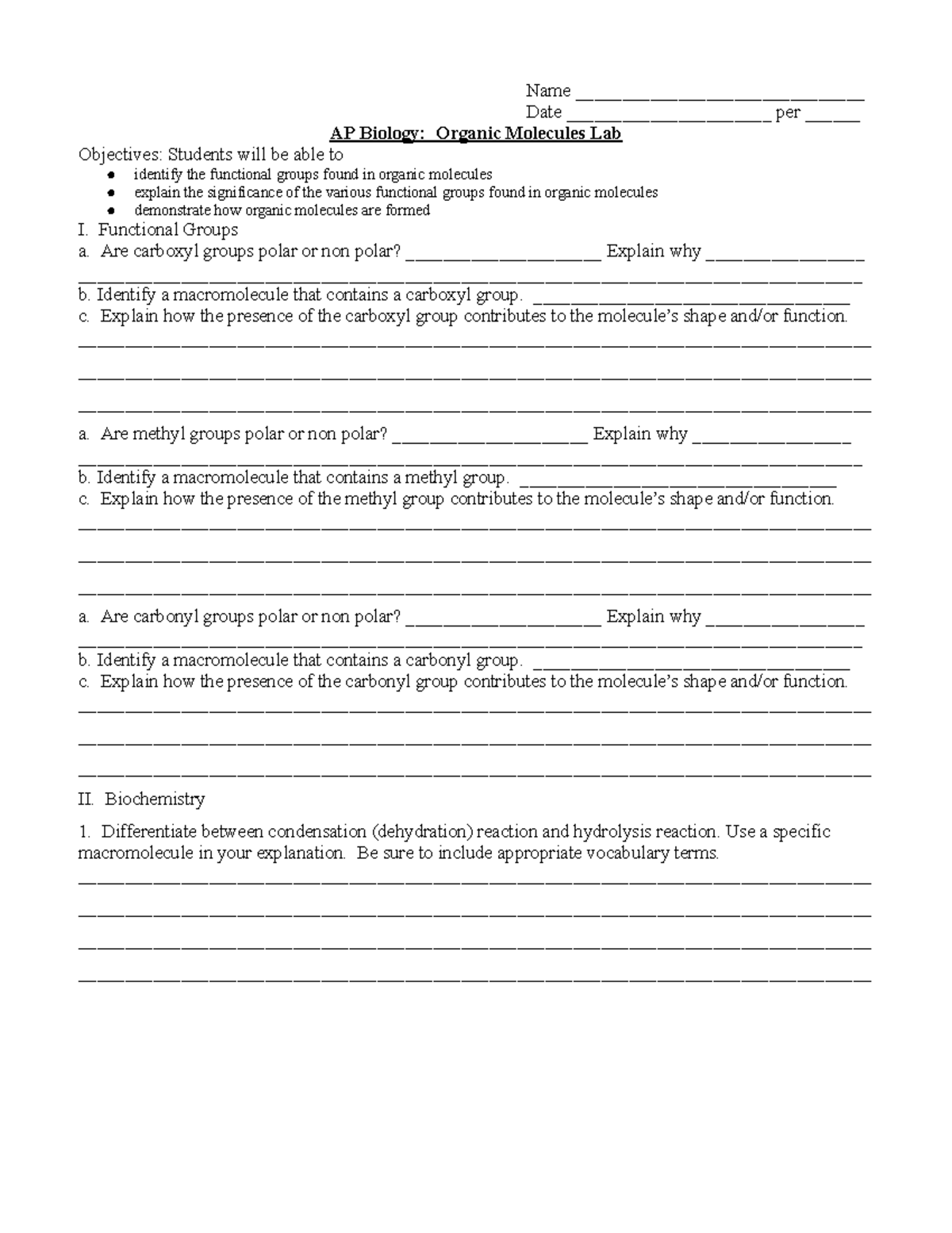 AP Biology: Organic Molecules Lab - Functional Groups & Reactions - Studocu
