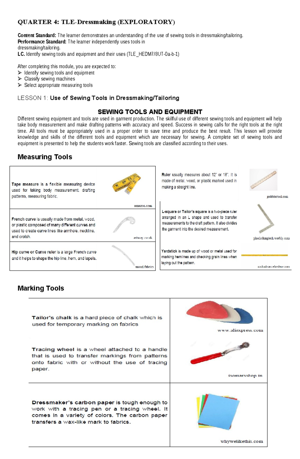 TLE_HEDM7/8UT Quarter 4 Lesson: Use of Sewing Tools in Dressmaking ...