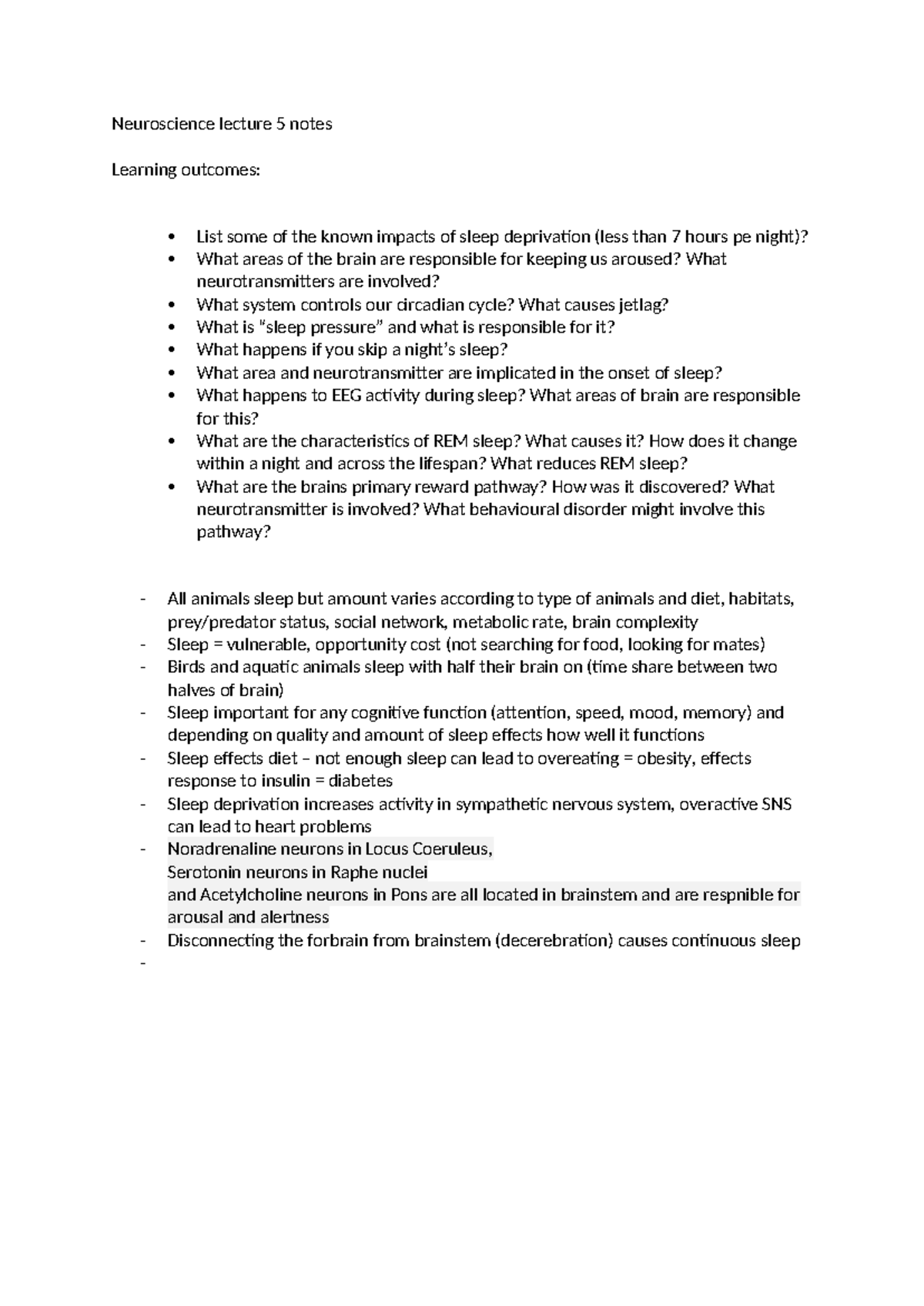 Neuroscience Lecture 5 Notes: Sleep Deprivation & Brain Function - Studocu