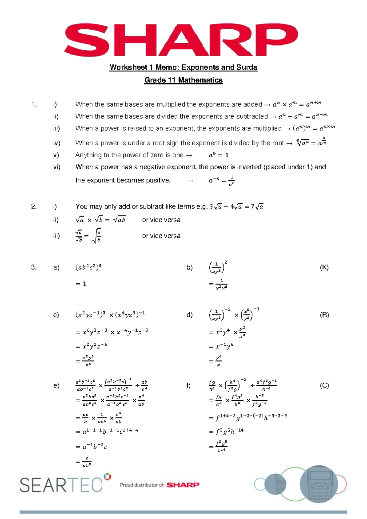 Grade 11 Math Worksheet 1 Memorandum: Exponents & Surds Explained - Studocu