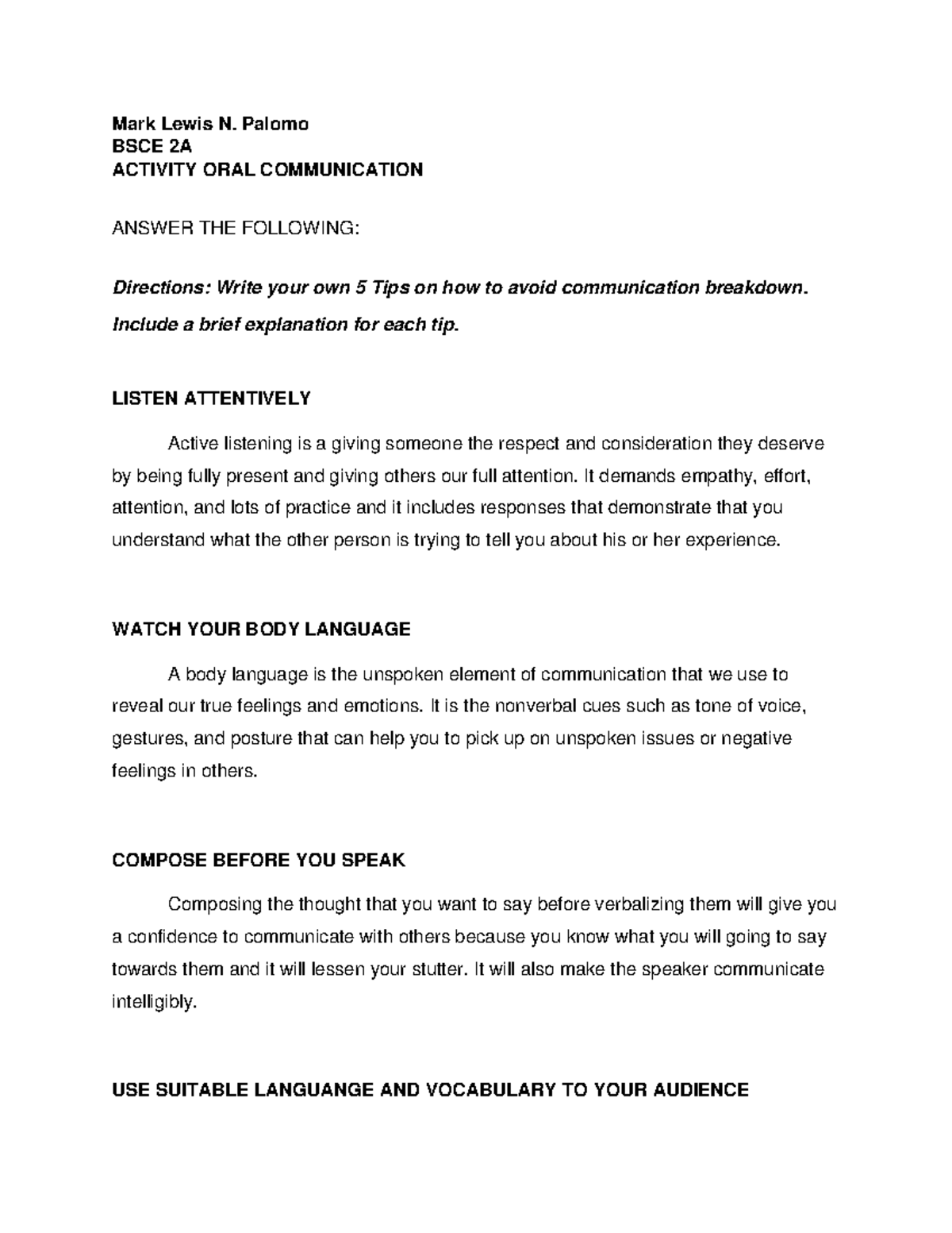 ORAL COM - Activity 26- Mark Lewis N - Mark Lewis N. Palomo BSCE 2A ...