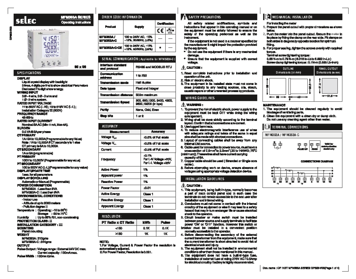 MFM383A-C Instruction Manual: Safety & Installation Guidelines - Studocu