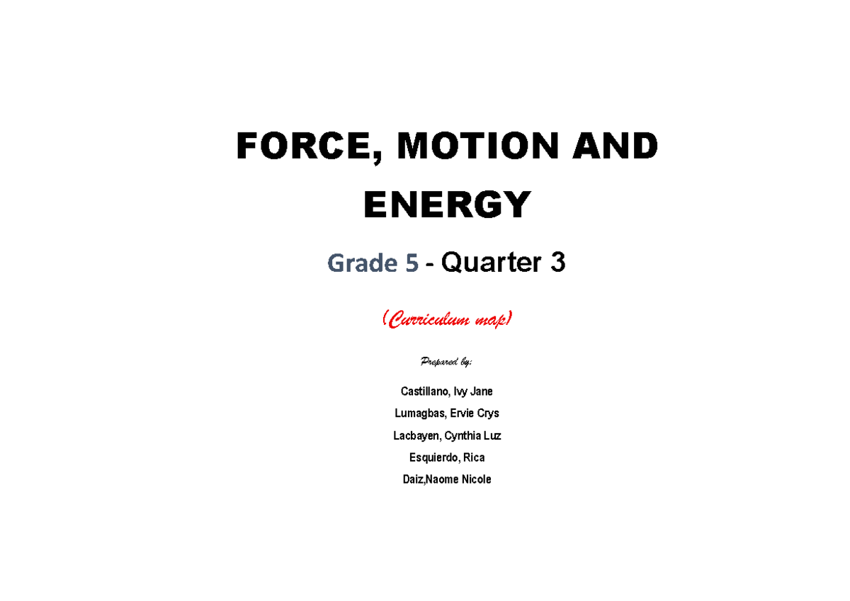FORCE, MOTION, AND ENERGY Grade 5 Q3 Curriculum Map - Studocu