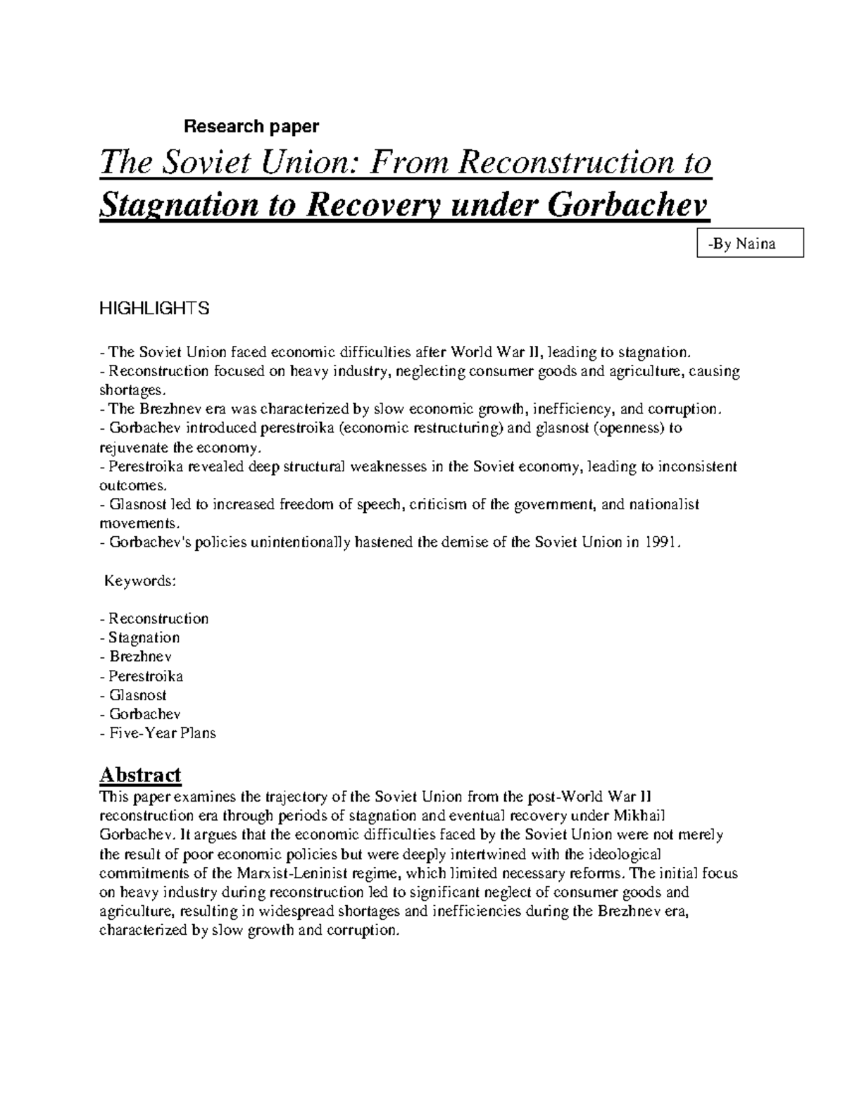 SOV101: Research Paper on the Soviet Union: Gorbachev's Transformative ...