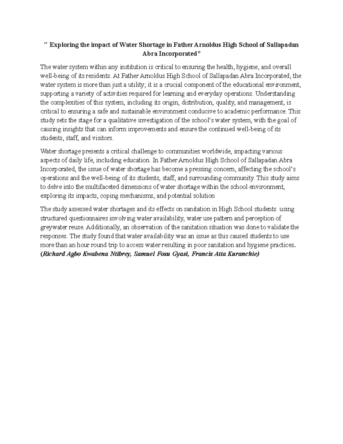 Investigation of Water Shortage Impact: Case Study at FAHS-Sallapadan ...