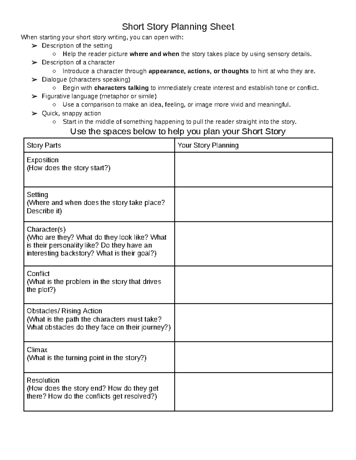YGA Short Story Planning Sheet: Structure & Elements Guide - Studocu