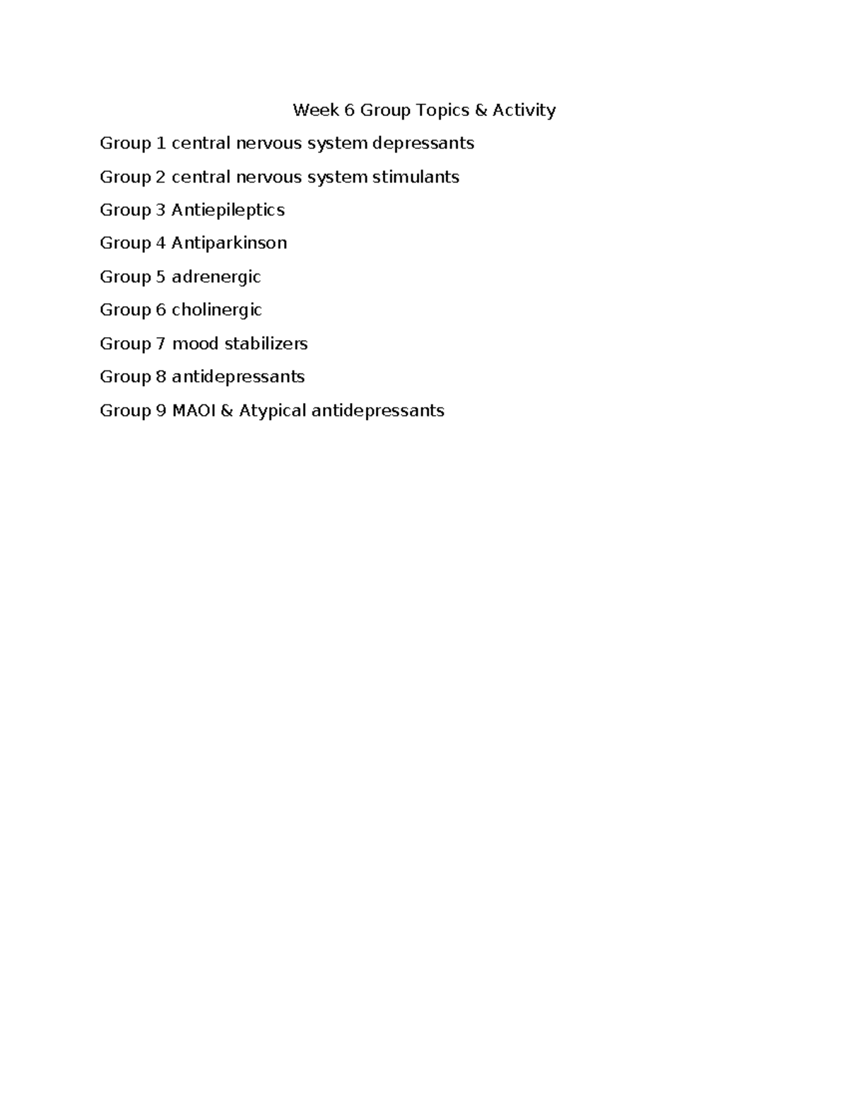 Week 6 Activity group 4 - course work - Week 6 Group Topics & Activity Group 1 central nervous ...