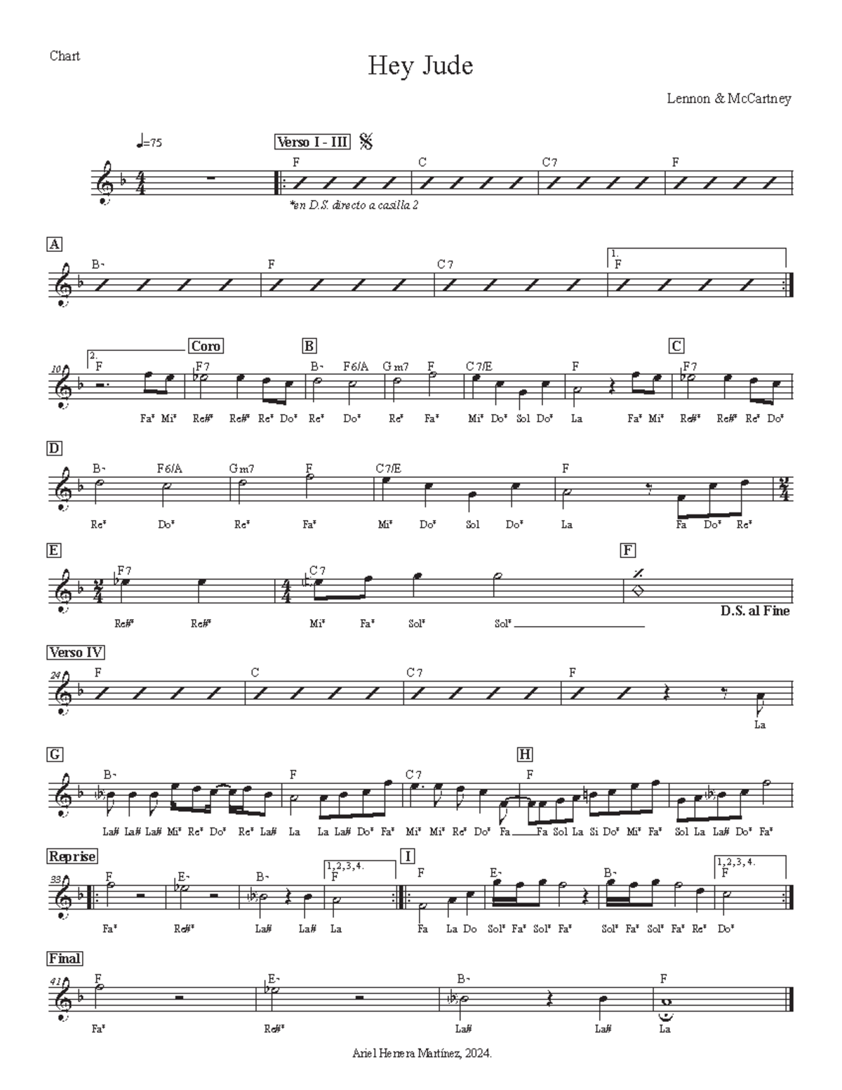 Hey Jude - Chart - Repertorio musical - & b 4 4. ∑. q=75 % ’ ’ ’ ’ F ...