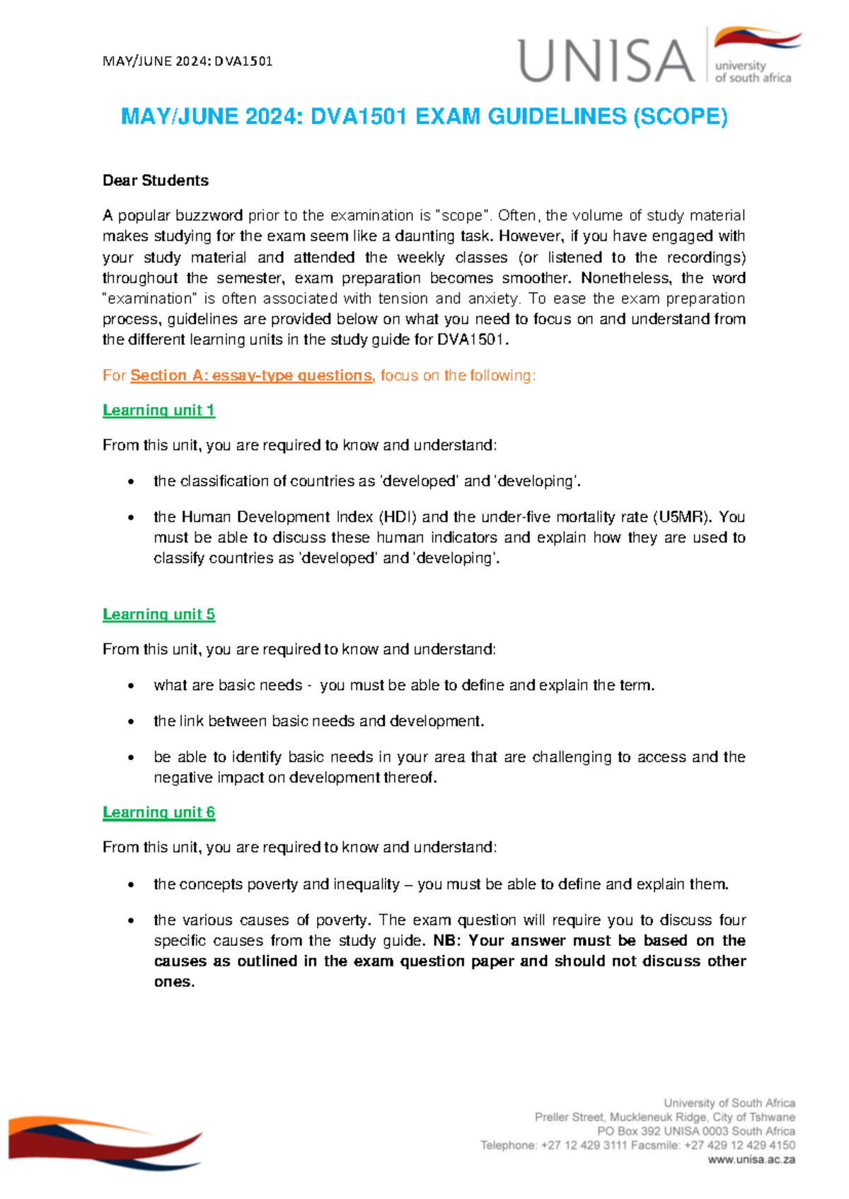 DVA1501 Exam Scope Guidelines for May-June 2024 - Studocu