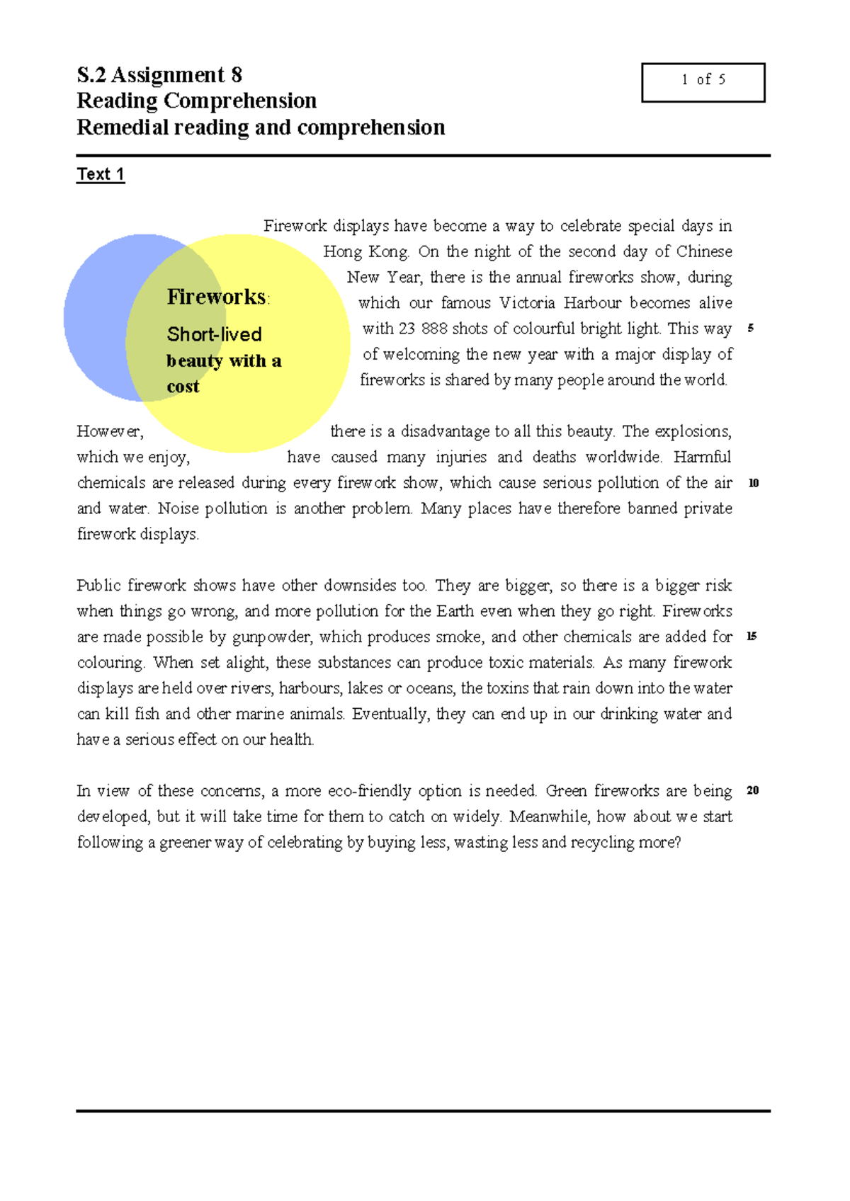 S.2 Assignment 8 Reading Comprehension Practice on Fireworks ...