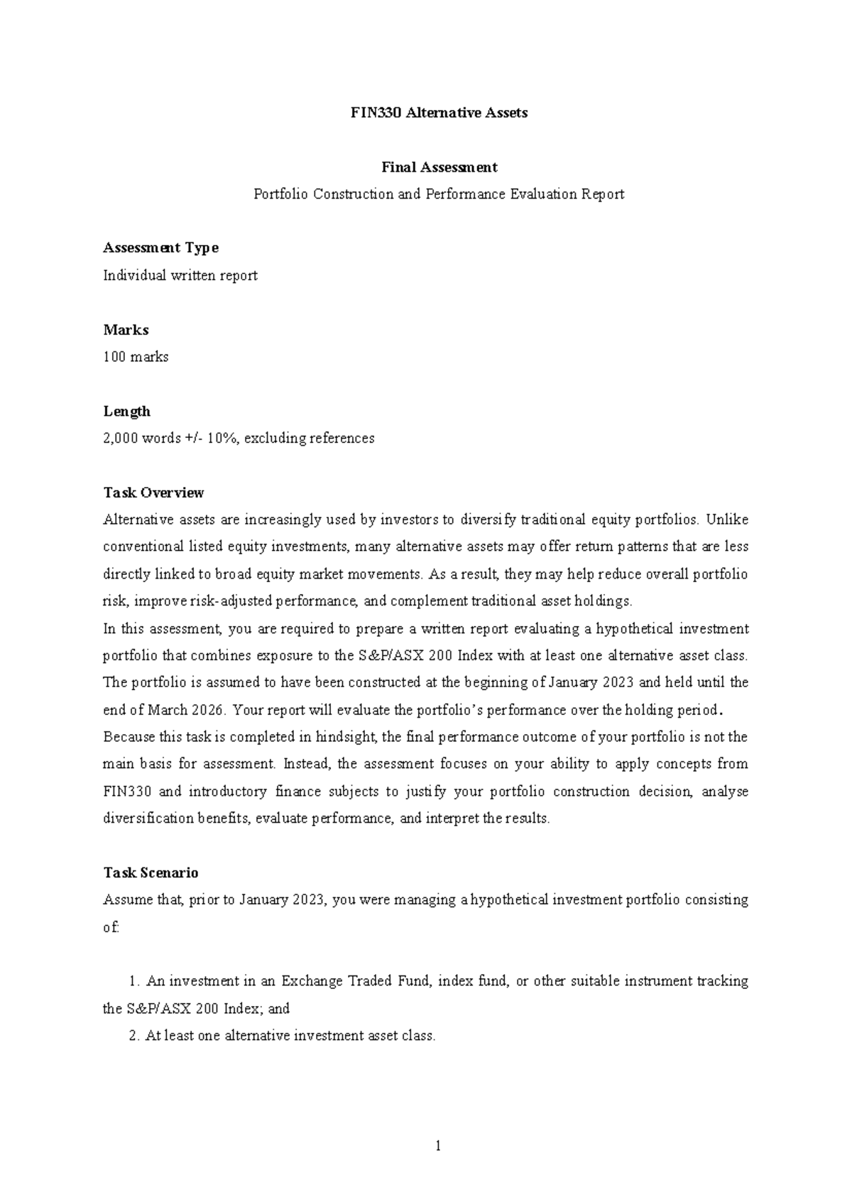 FIN330 Alternative Assets Final Assessment: Portfolio Evaluation Report ...