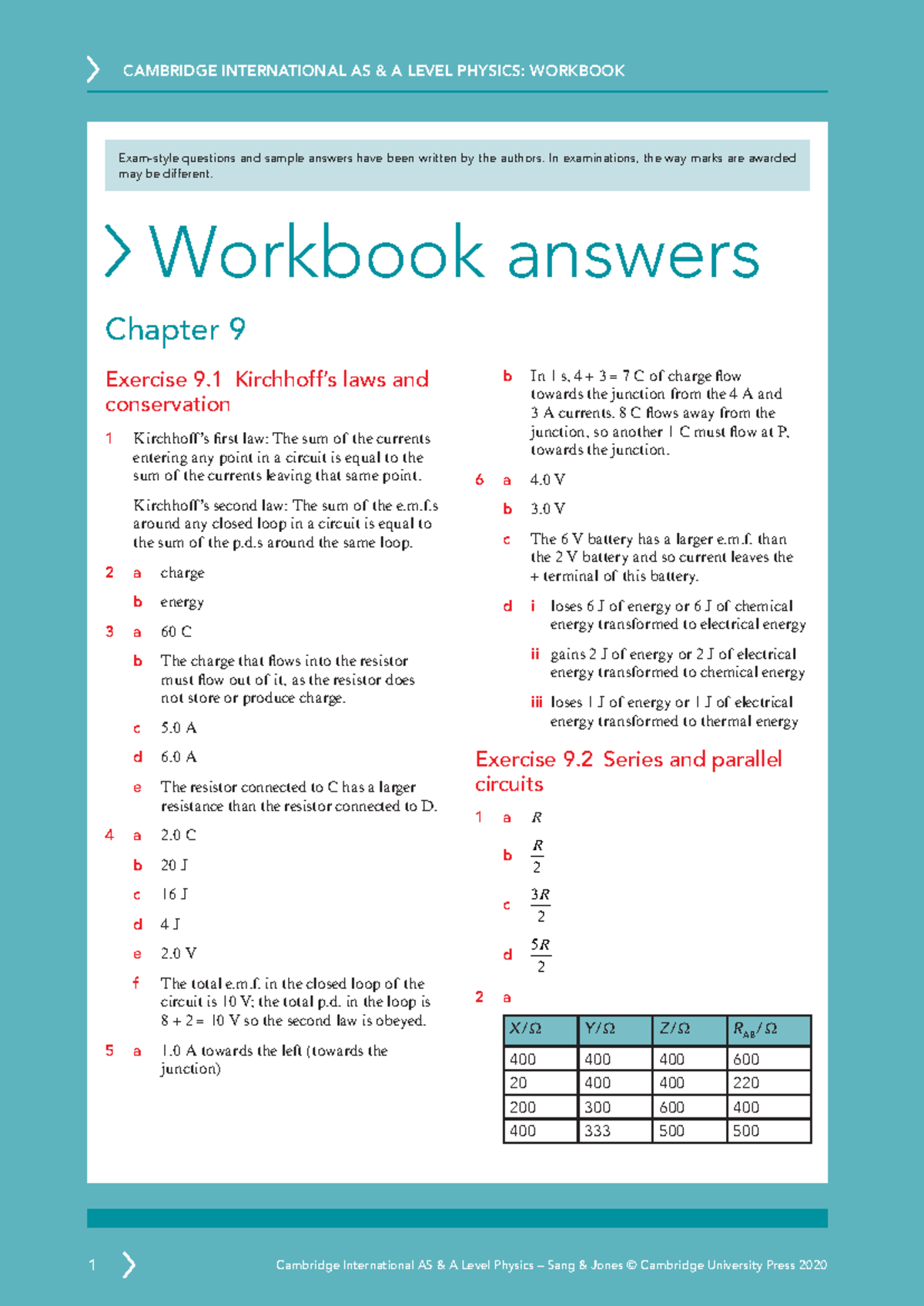 Exercise Answers for Chapter 9: Kirchhoff’s Laws in AS Physics - Studocu