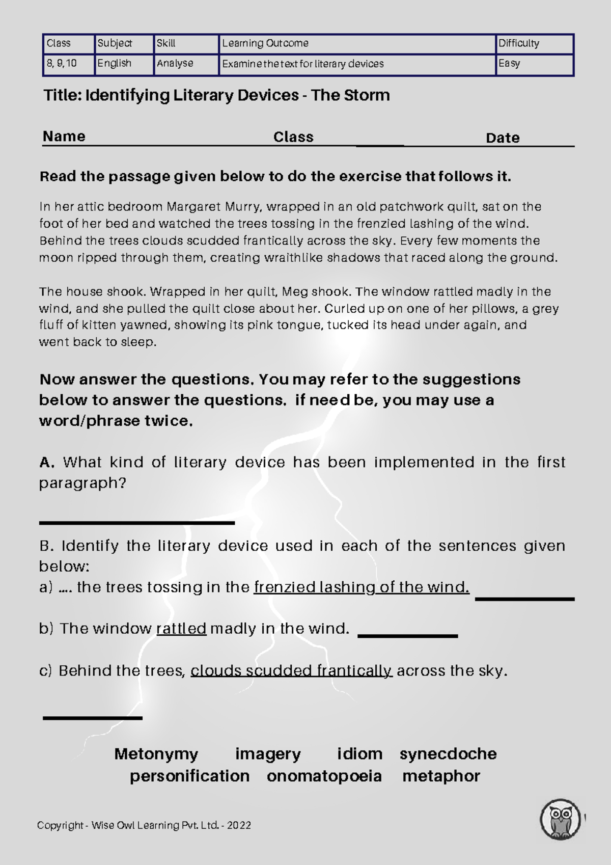 Worksheet Identifying Literary Devices The Storm-1 - Class Subject ...