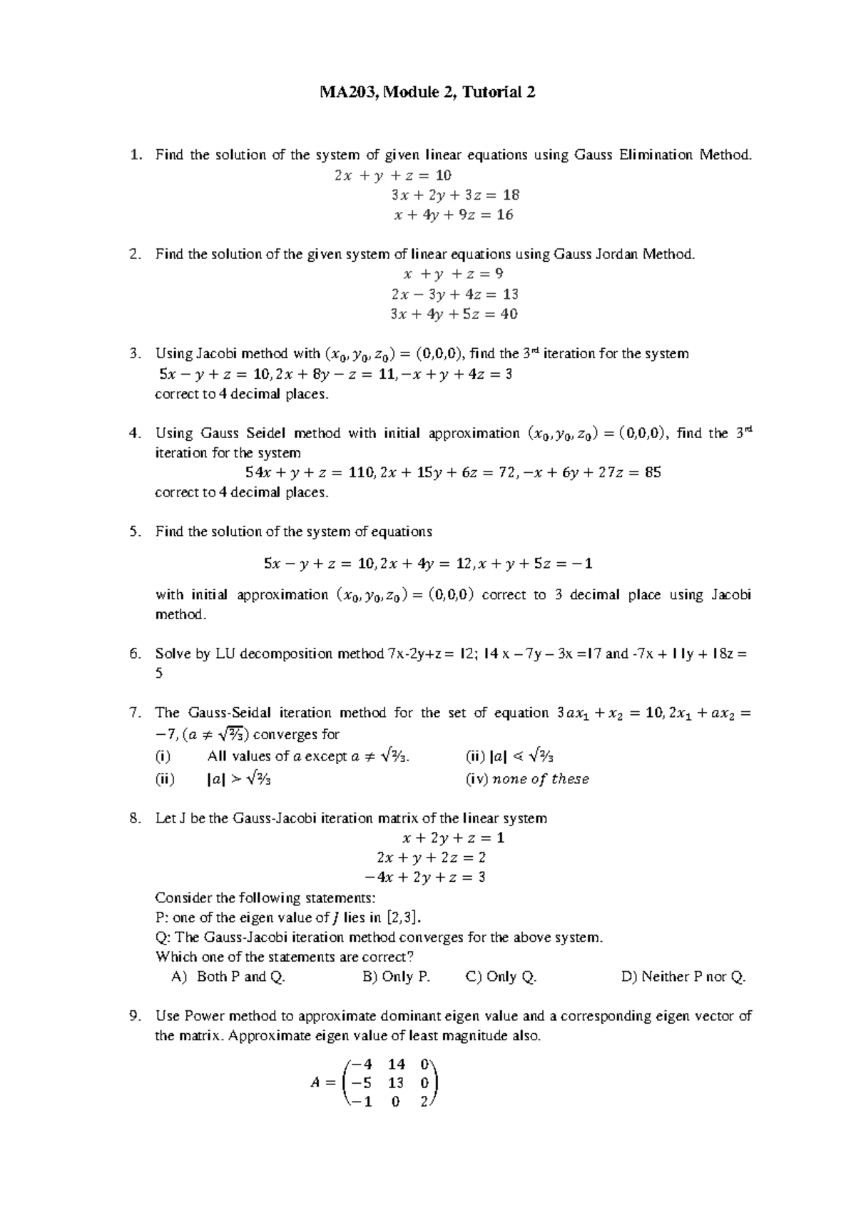 MA203 TUT-2: Solutions to Linear Equations Methods - Studocu