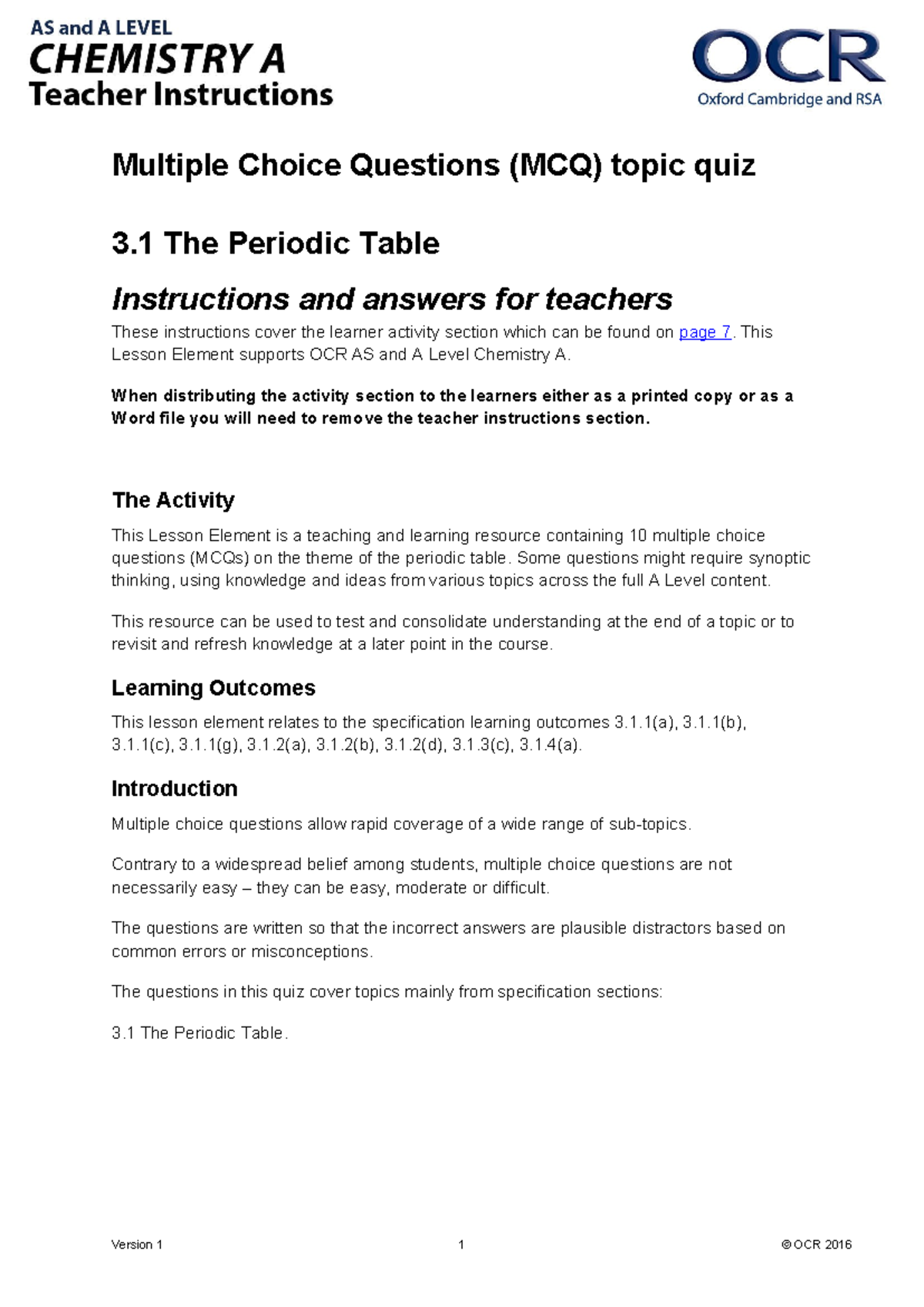 Periodic Table MCQ Quiz - OCR AS & A Level Chemistry A - Studocu