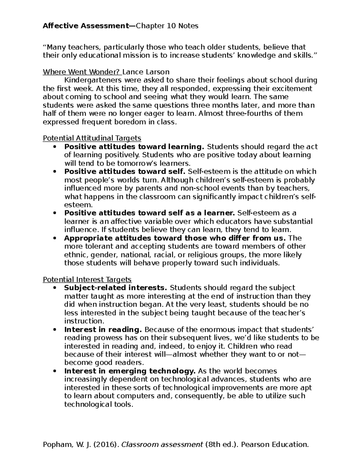 Affective Assessment Notes - Classroom Assessment Chapter 10 - Studocu