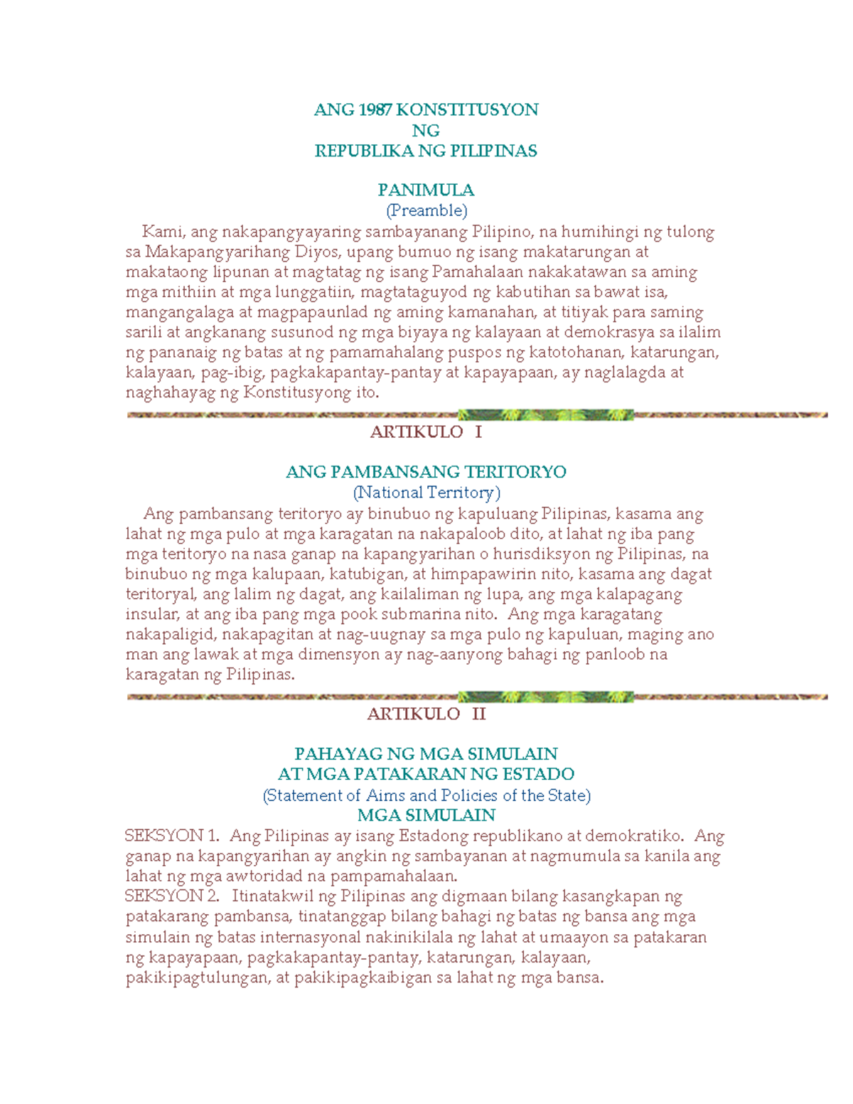 Philippines ang1987 - ANG 1987 KONSTITUSYON NG REPUBLIKA NG PILIPINAS PANIMULA (Preamble) Kami ...