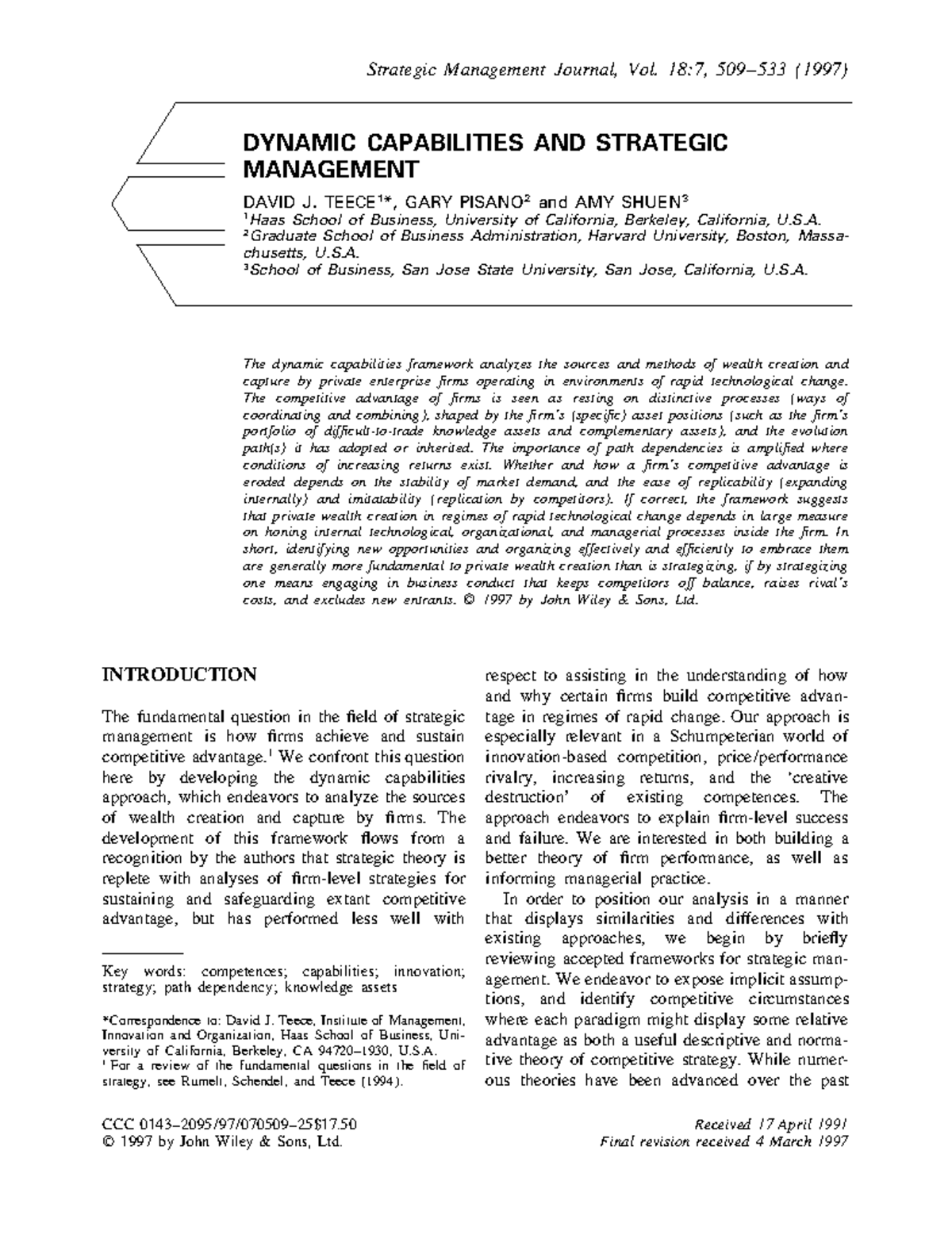 Dynamic Capabilities in Strategic Management: Insights from Teece (2007 ...