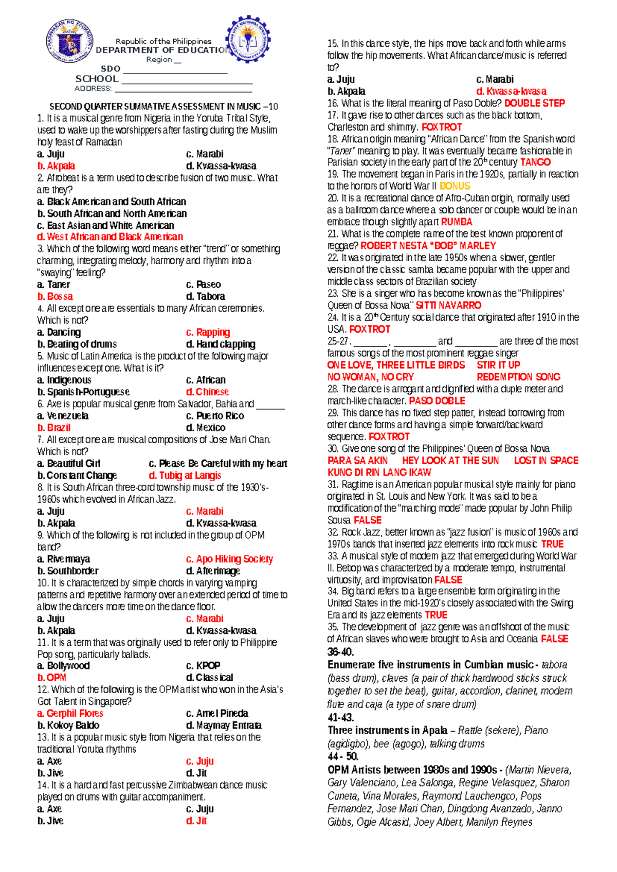 Second Quarter Summative Assessment - Music 10 - Studocu