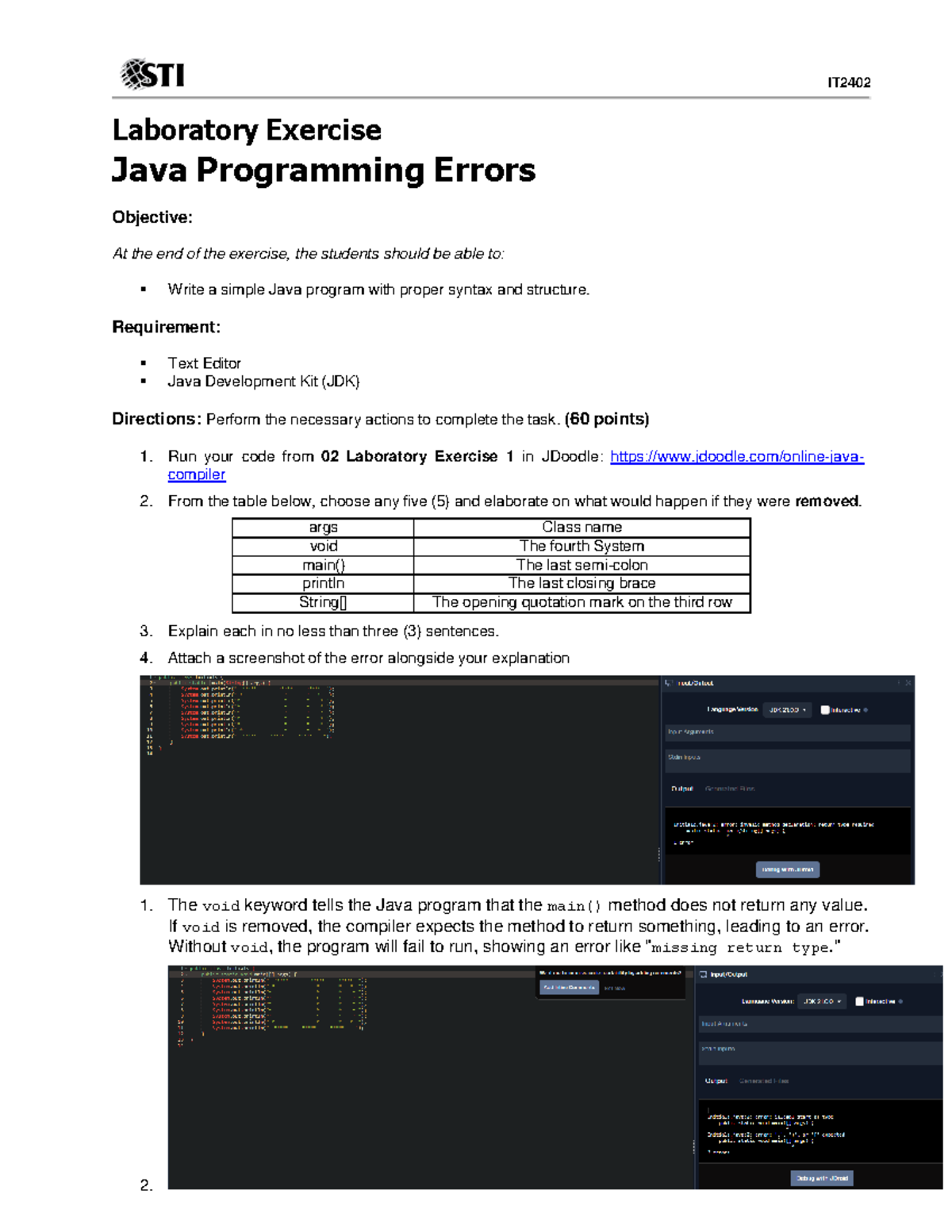 IT 2023 Laboratory Exercise: Analyzing Java Programming Errors - Studocu