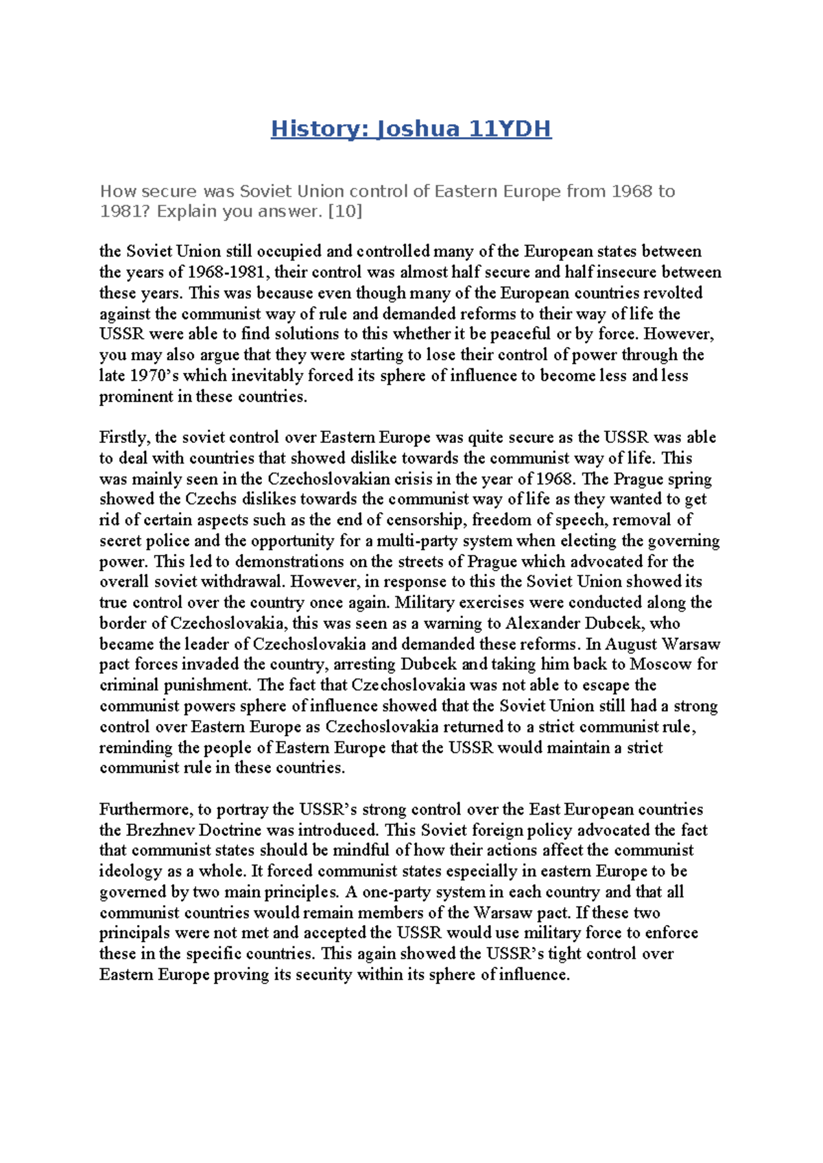 History: 11YDH Soviet Control in Eastern Europe (1968-1981) Analysis ...