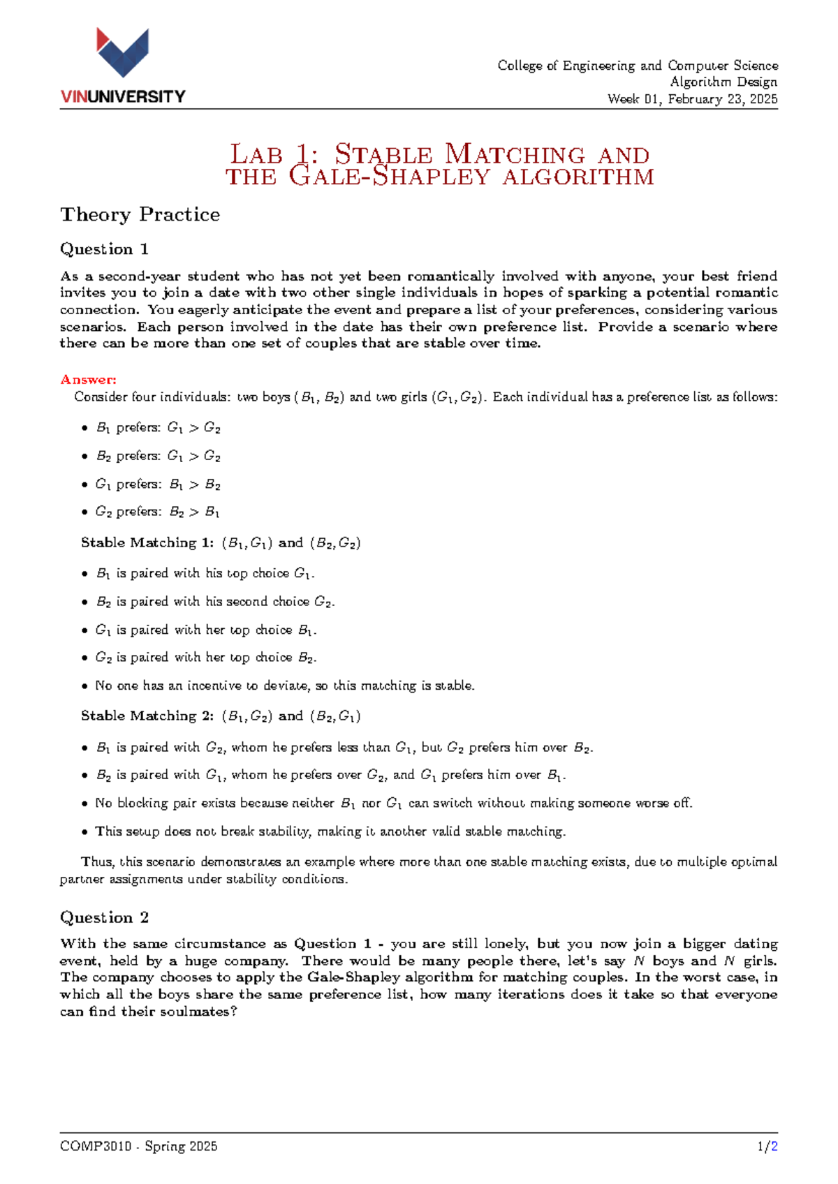 Lab 1 Theory - Stable Matchings - College of Engineering and Computer ...