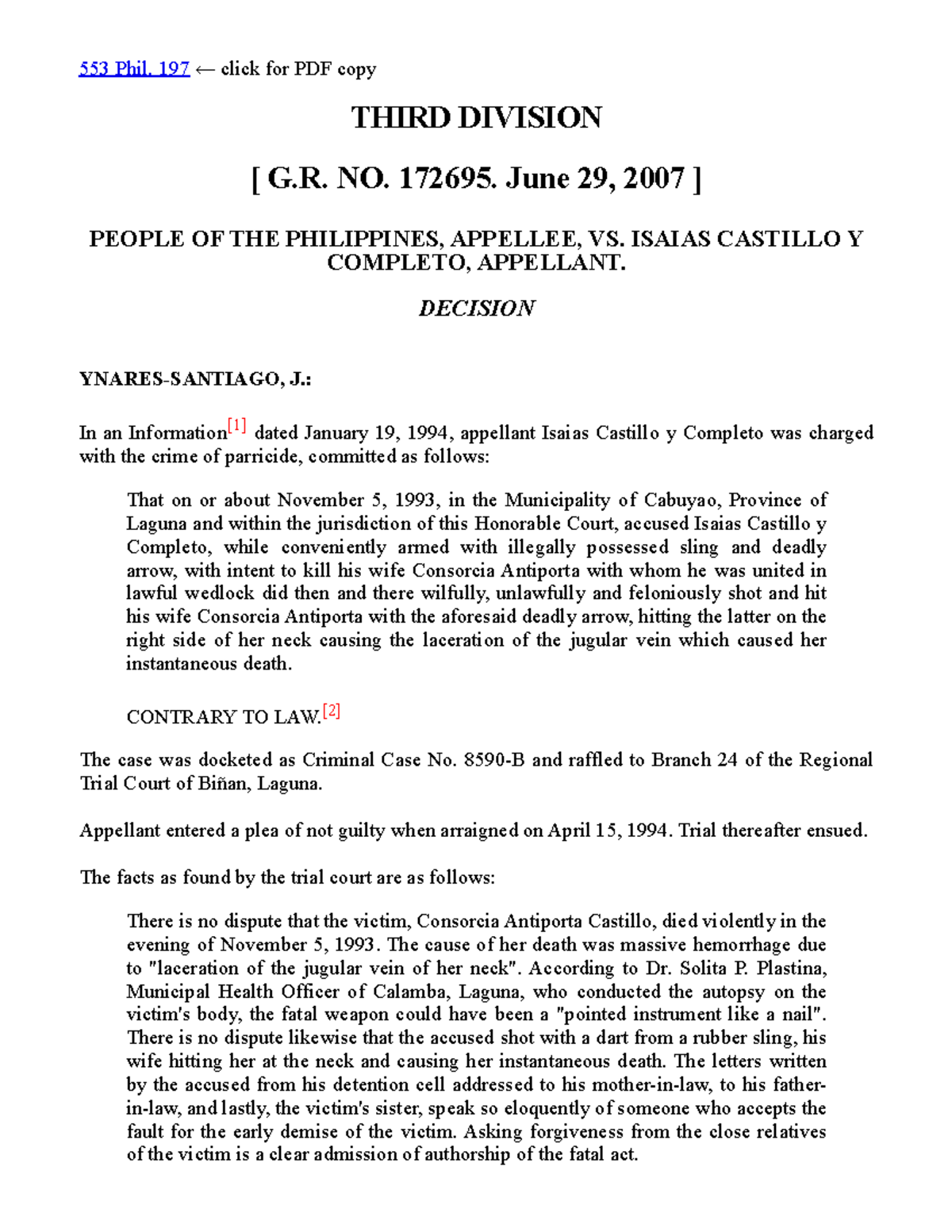 People v. Castillo: G.R. No. 172695 - Parricide Case Analysis - Studocu