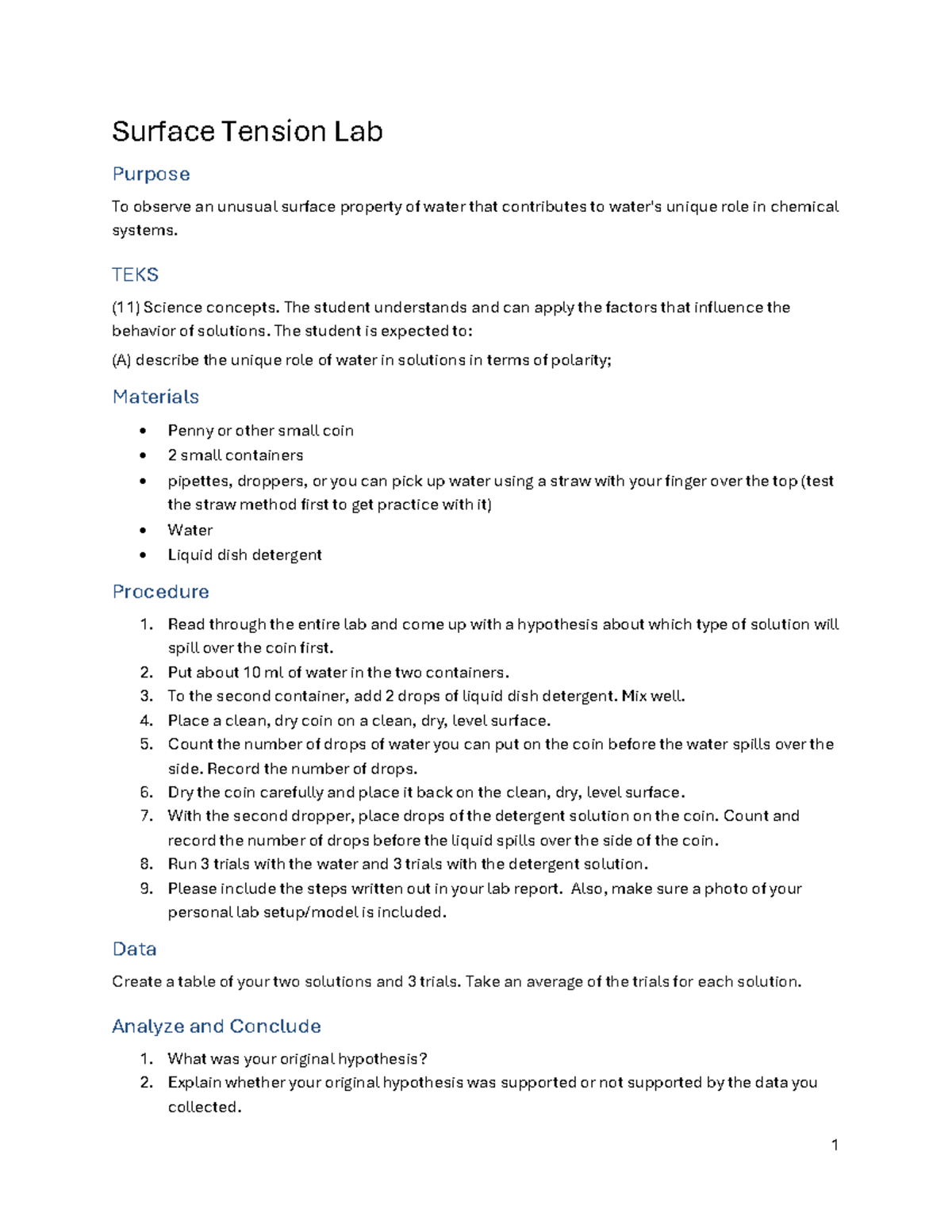 Unit 14 1 - Chemistry Lab: Investigating Surface Tension of Water - Studocu