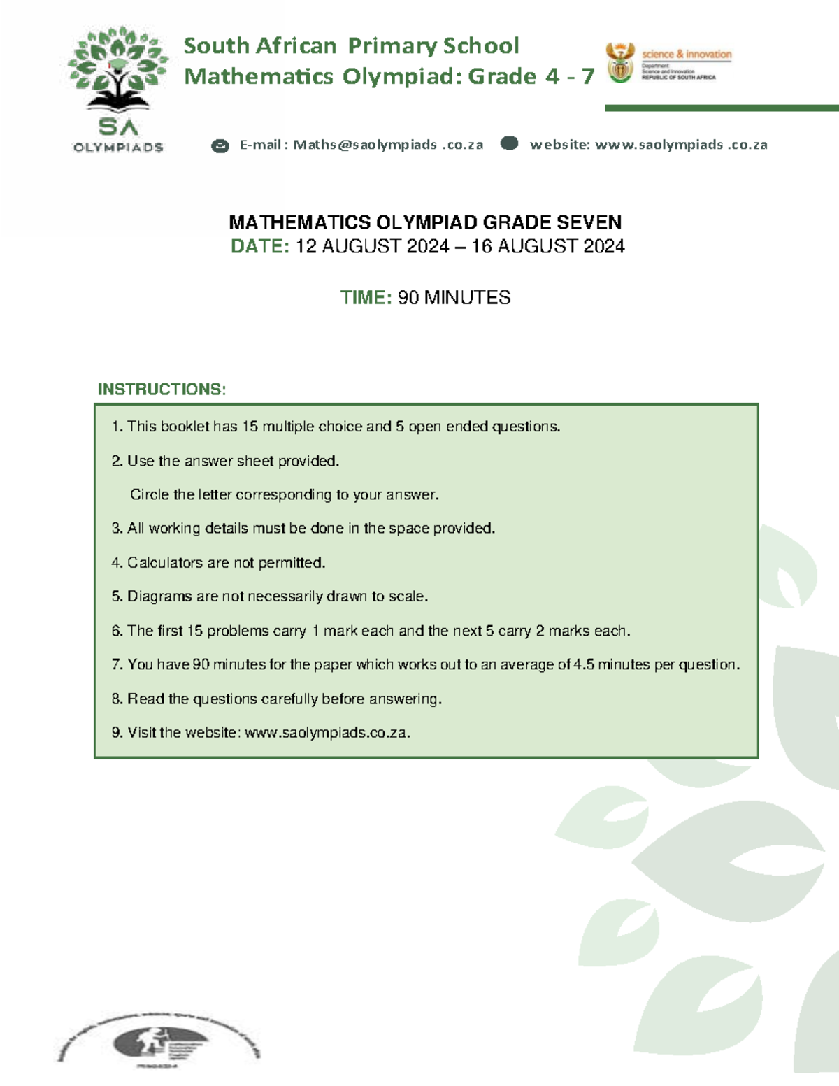 Grade 7 Mathematics Olympiad 2024 - Exam Instructions & Questions - Studocu