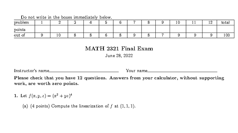 MATH 2321 Final Exam Practice - June 28, 2022 - Studocu