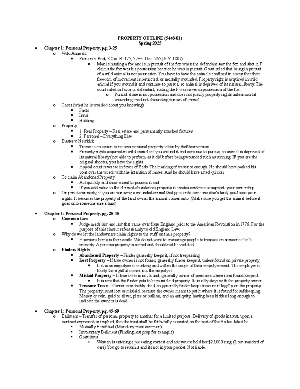 PROPERTY OUTLINE Spring 2025: Chapter 1 - Personal Property & Key Cases ...