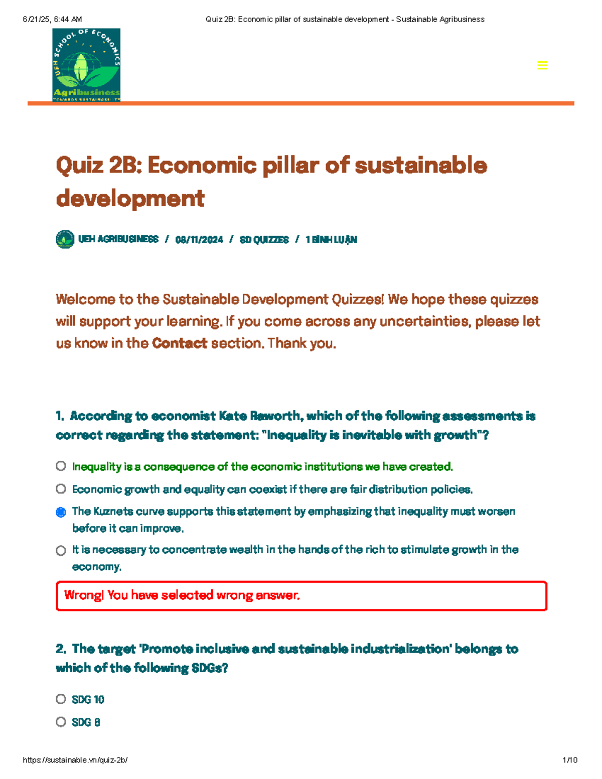 Quiz 2B: Economic Pillar of Sustainable Development - UEH Agribusiness ...