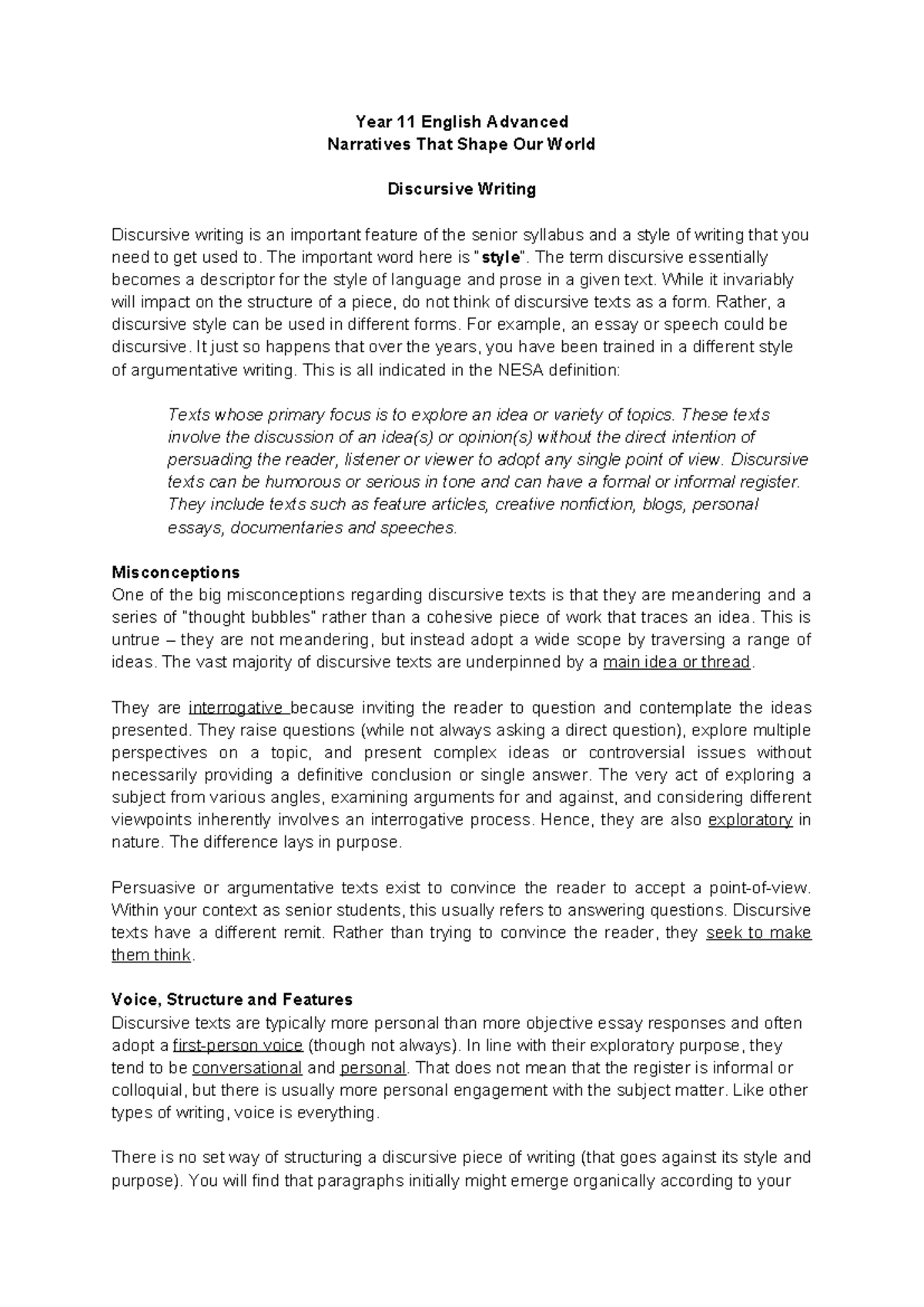Year 11 English Advanced: Discursive Writing Insights 2025 - Studocu