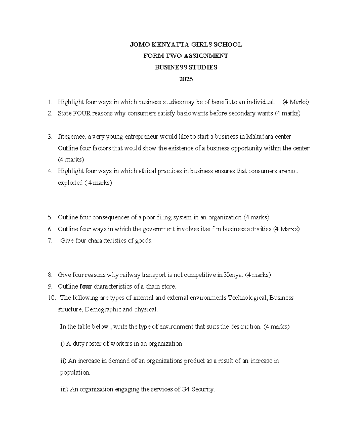 FORM 2 Business Studies Assignment - August Holiday 2025 - Studocu