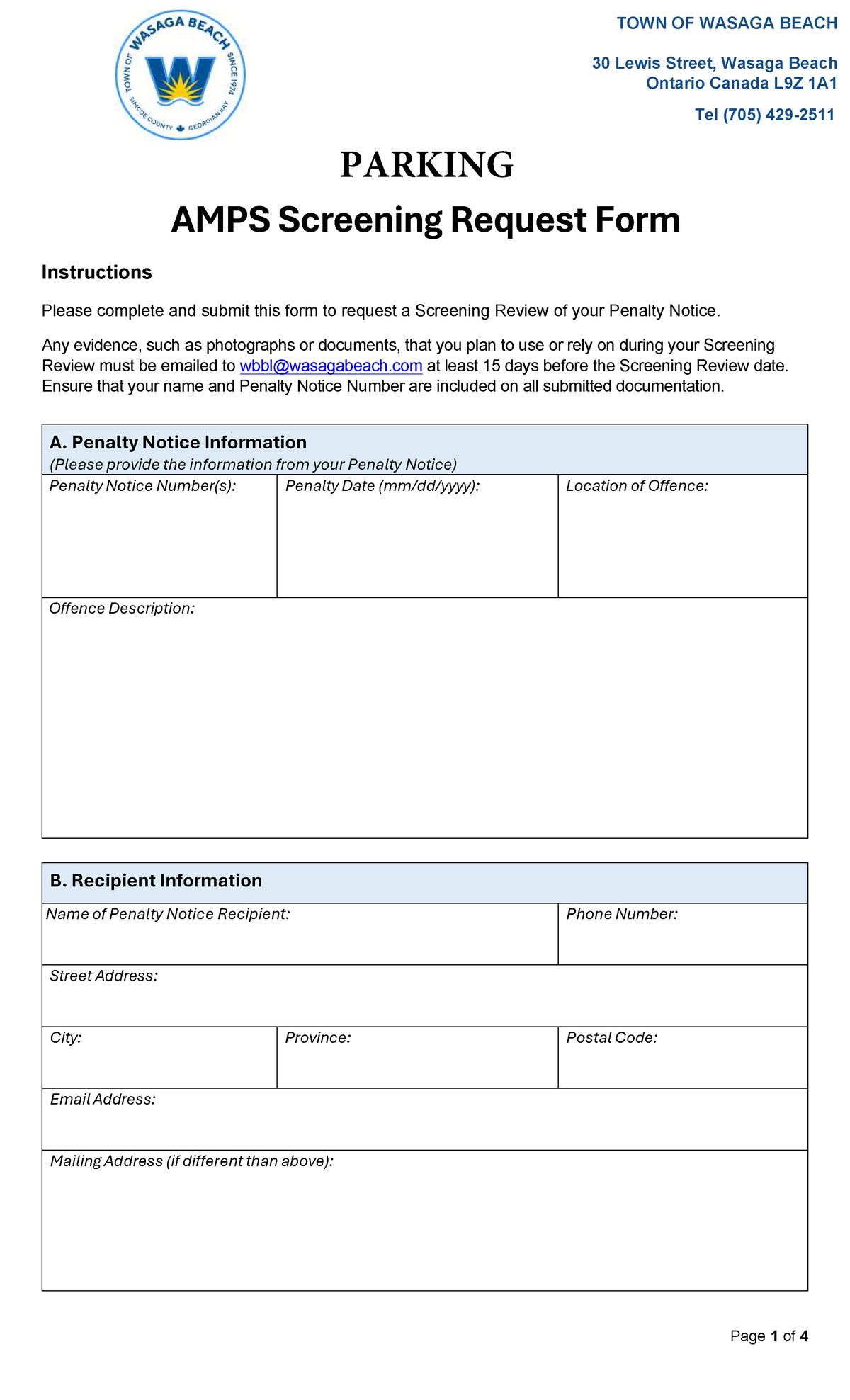 AMPS Screening Request Form - Town of Wasaga Beach 2025 - Studocu