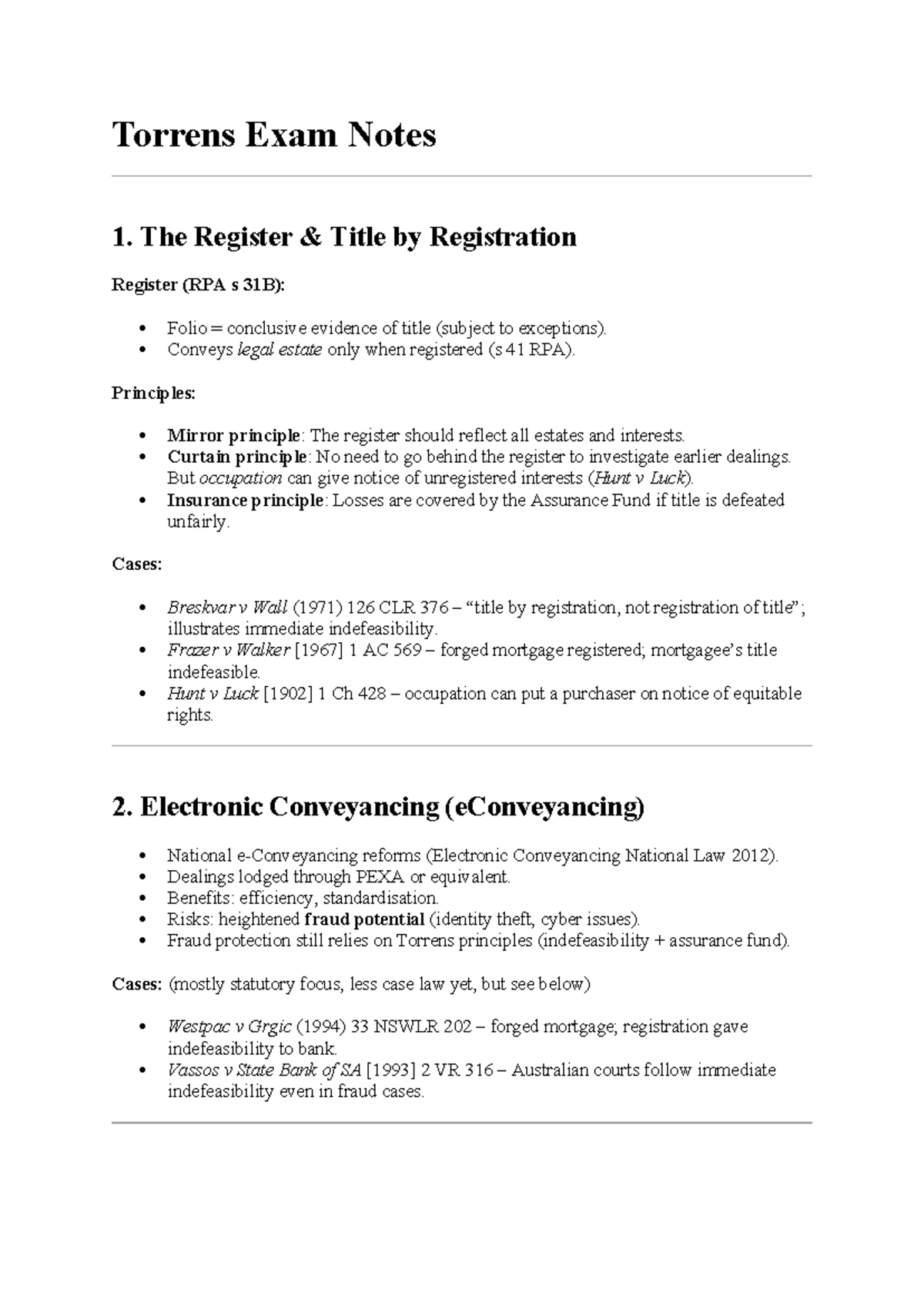 Torrens Exam Notes (LAW 101) - Key Principles & Case Summaries - Studocu