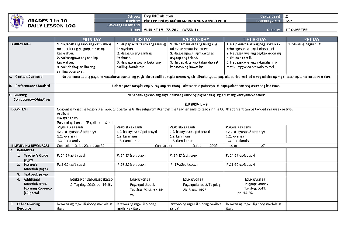 DLL ESP 2 Q1 W4 - Detailed Lesson Plan - GRADES 1 to 10 DAILY LESSON LOG School: DepEdClub Grade ...
