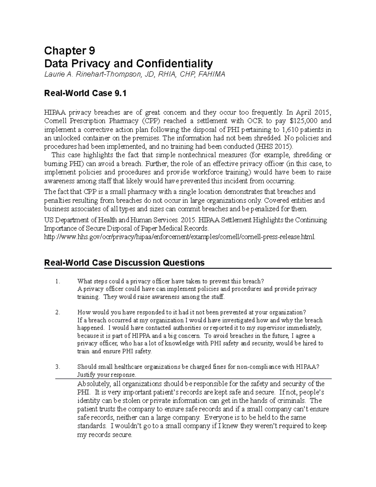 Ch 09 SW - Data Privacy & HIPAA Compliance Study Notes - Studocu