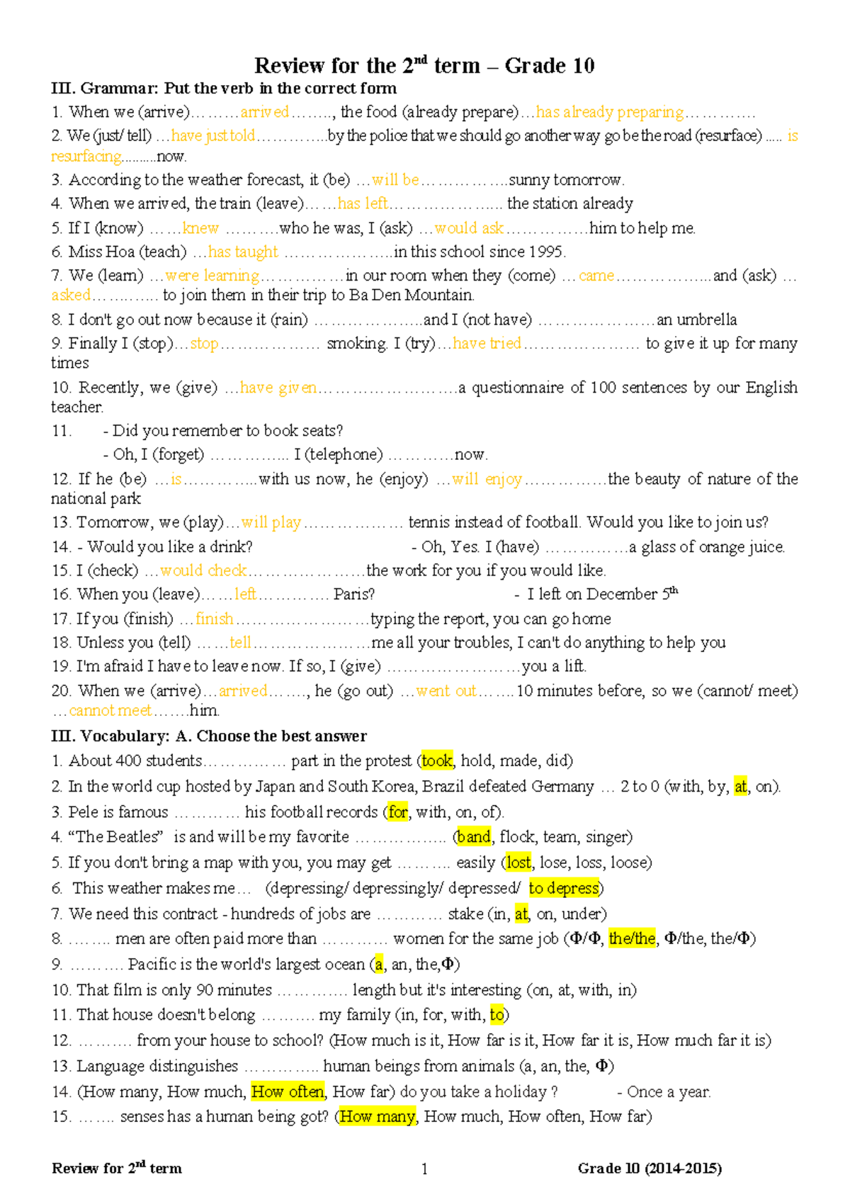 Review for the Final Exam Grade 10: Grammar and Vocabulary Practice ...