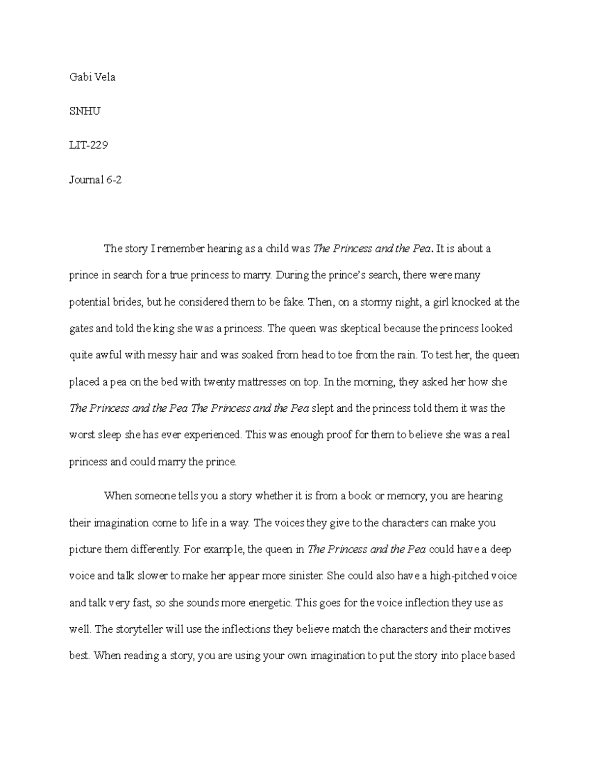 SNHU 229 - Journal Reflection on "The Princess and the Pea" - Studocu
