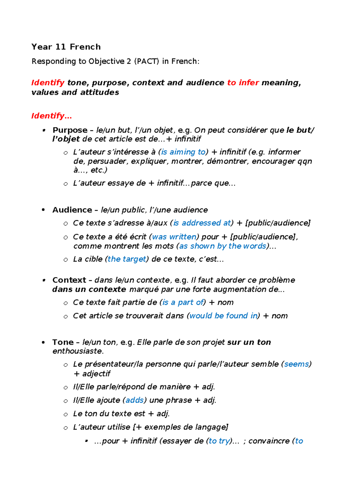 Year 11 French: PACT Analysis of Tone, Purpose, Context, and Audience ...