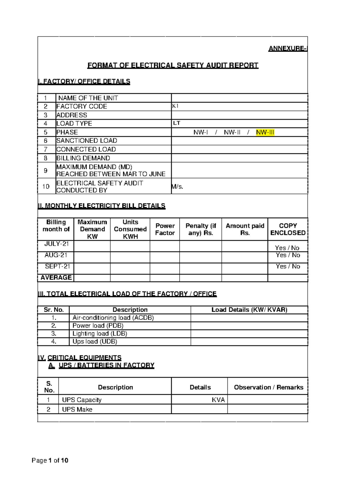 Electrical Safety Audit Report Format for Factory/Office - Studocu