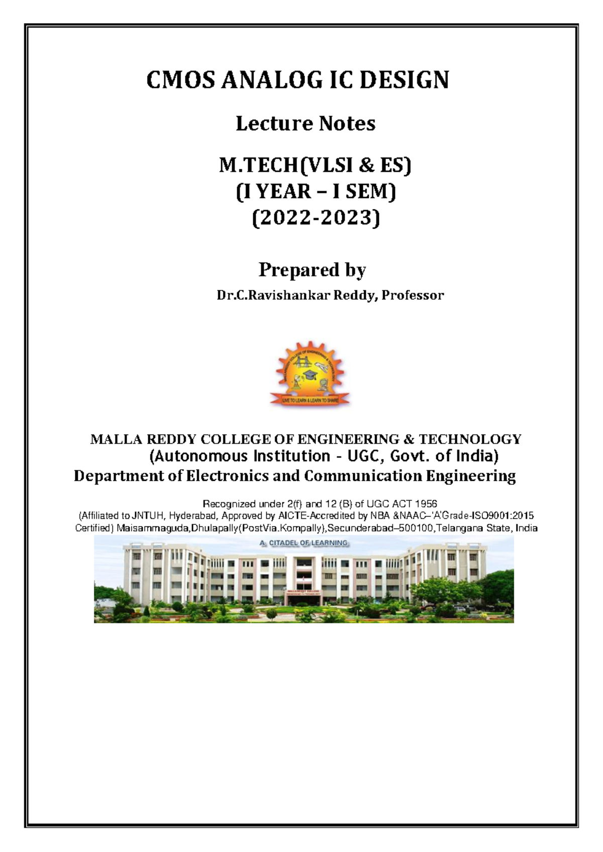 M.TECH(VLSI & ES) CMOS Analog IC Design Lecture Notes 2022-2023 - Studocu