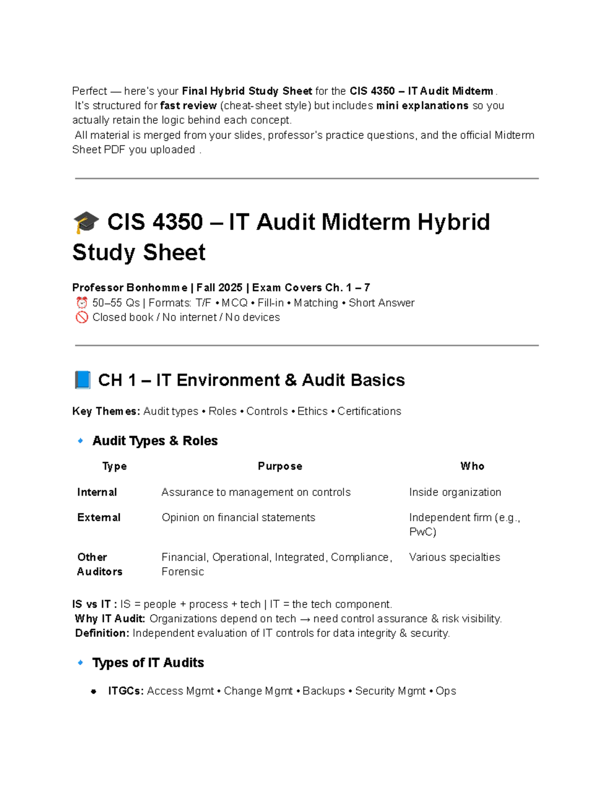 CIS 4350 IT Audit Midterm Study Guide: Key Concepts & Review - Studocu
