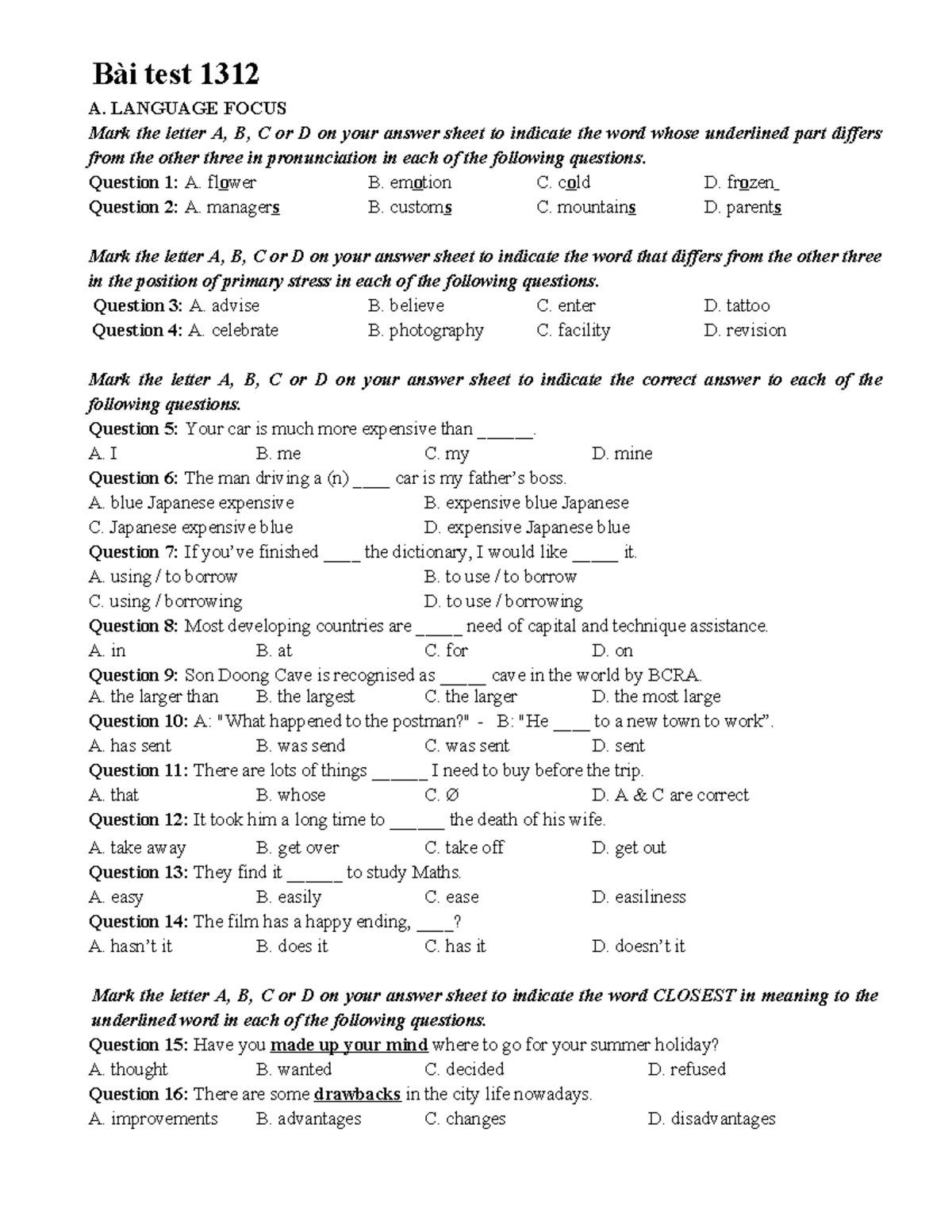Bài test 1312 - English Language Focus Exam - Studocu