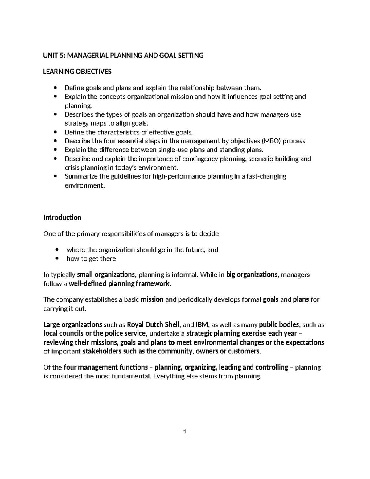 Unit 5: Strategic Managerial Planning & Goal Setting B - Key Concepts ...