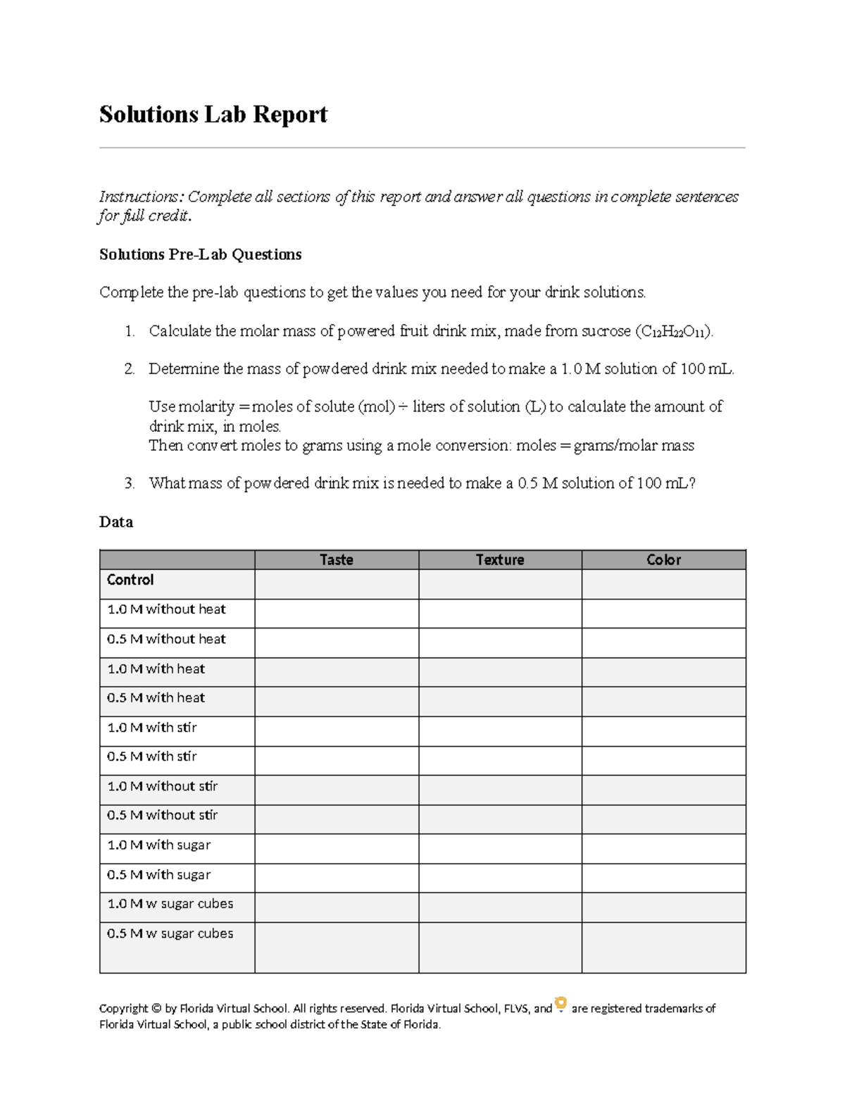 Solutions Lab Report: Molar Mass & Molarity Calculations (08 03) - Studocu