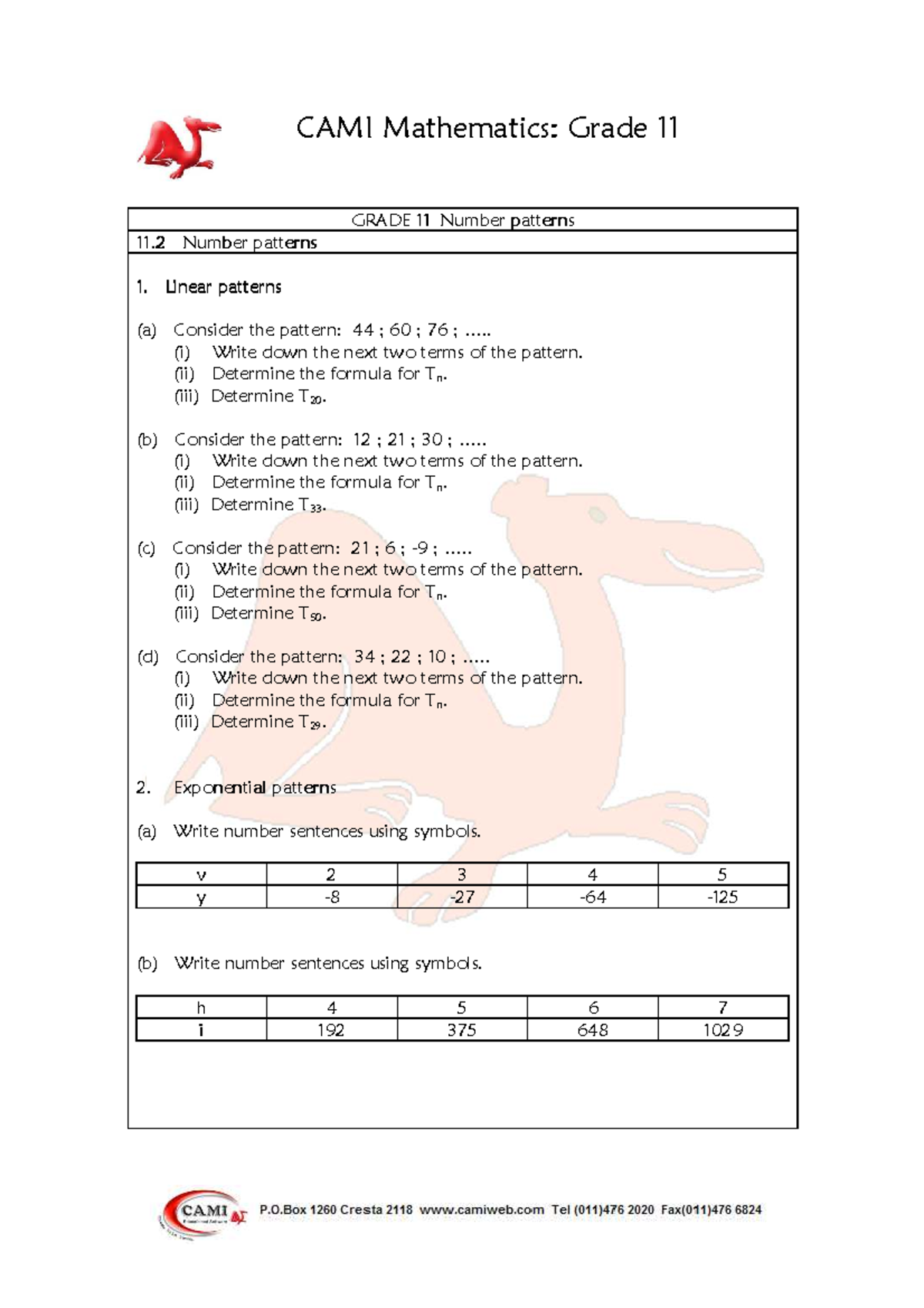 CAMI Mathematics: Grade 11 Number Patterns and Formulas - Studocu